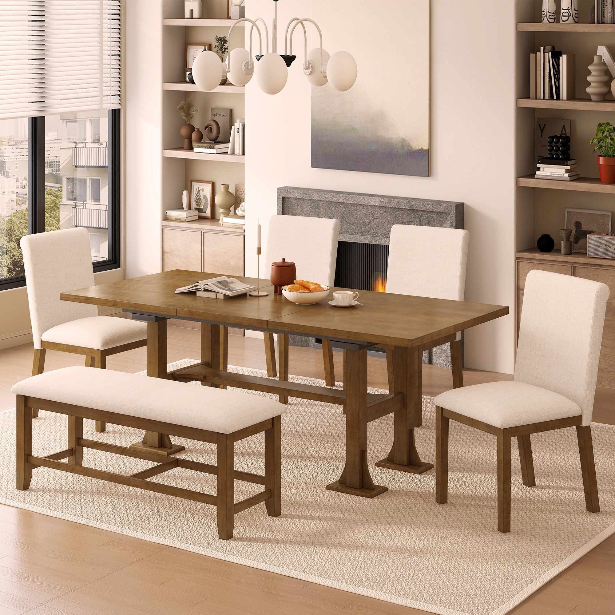 Latitude Run® Farmhouse 76inch 6-Piece Extendable Dining Table Set Trestle Kitchen Table Set ...