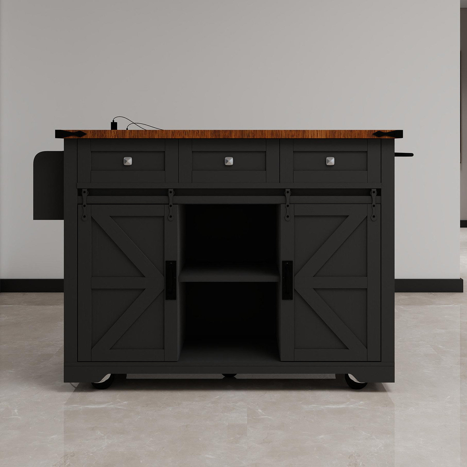 August Grove® 53.7 Inch Black Farmhouse Kitchen Island With Electrical ...
