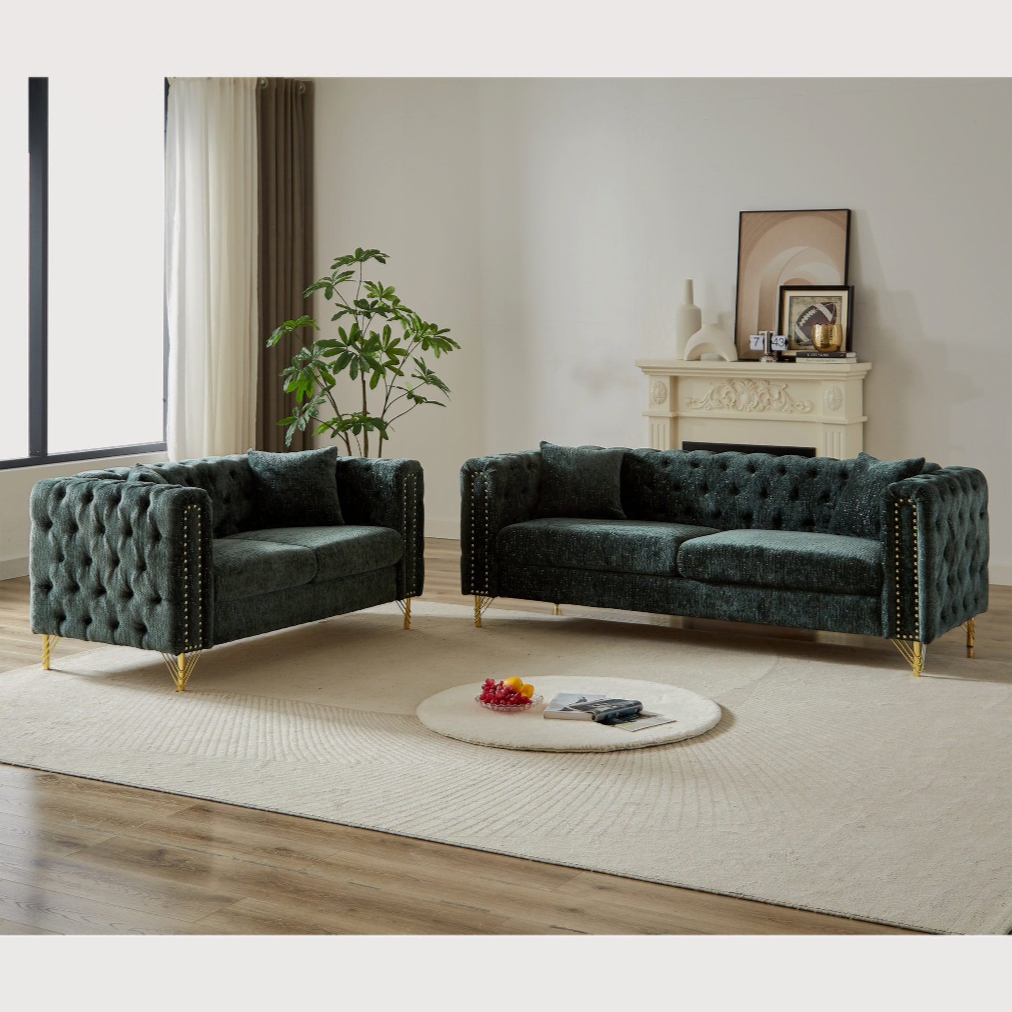 Rosdorf Park Chenille Pull Buckle Design Sofa For Living Room,Buttons Tufted With Copper Nail ...