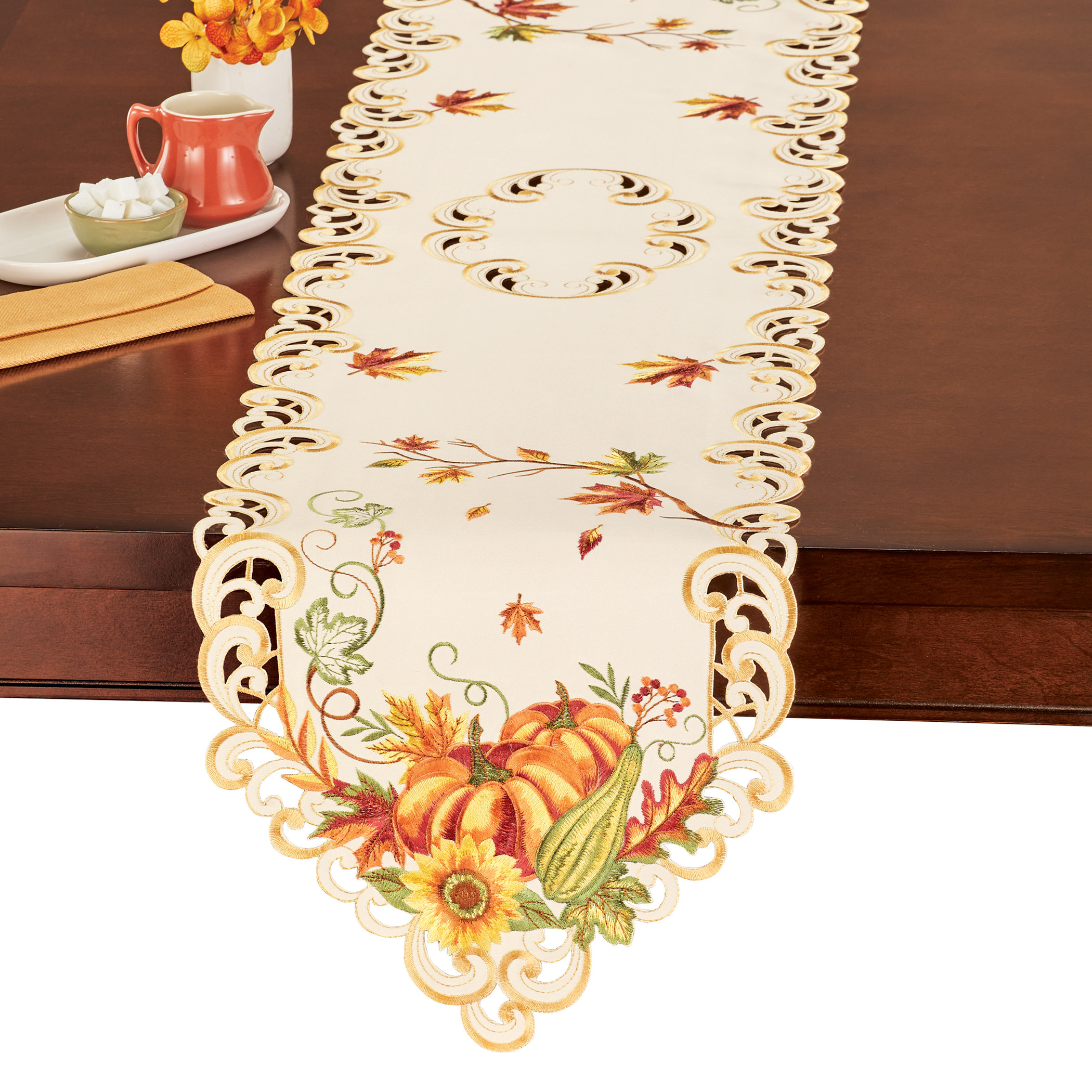 August Grove® Embroidered Pumpkin Floral Scroll Accents Table Linens ...