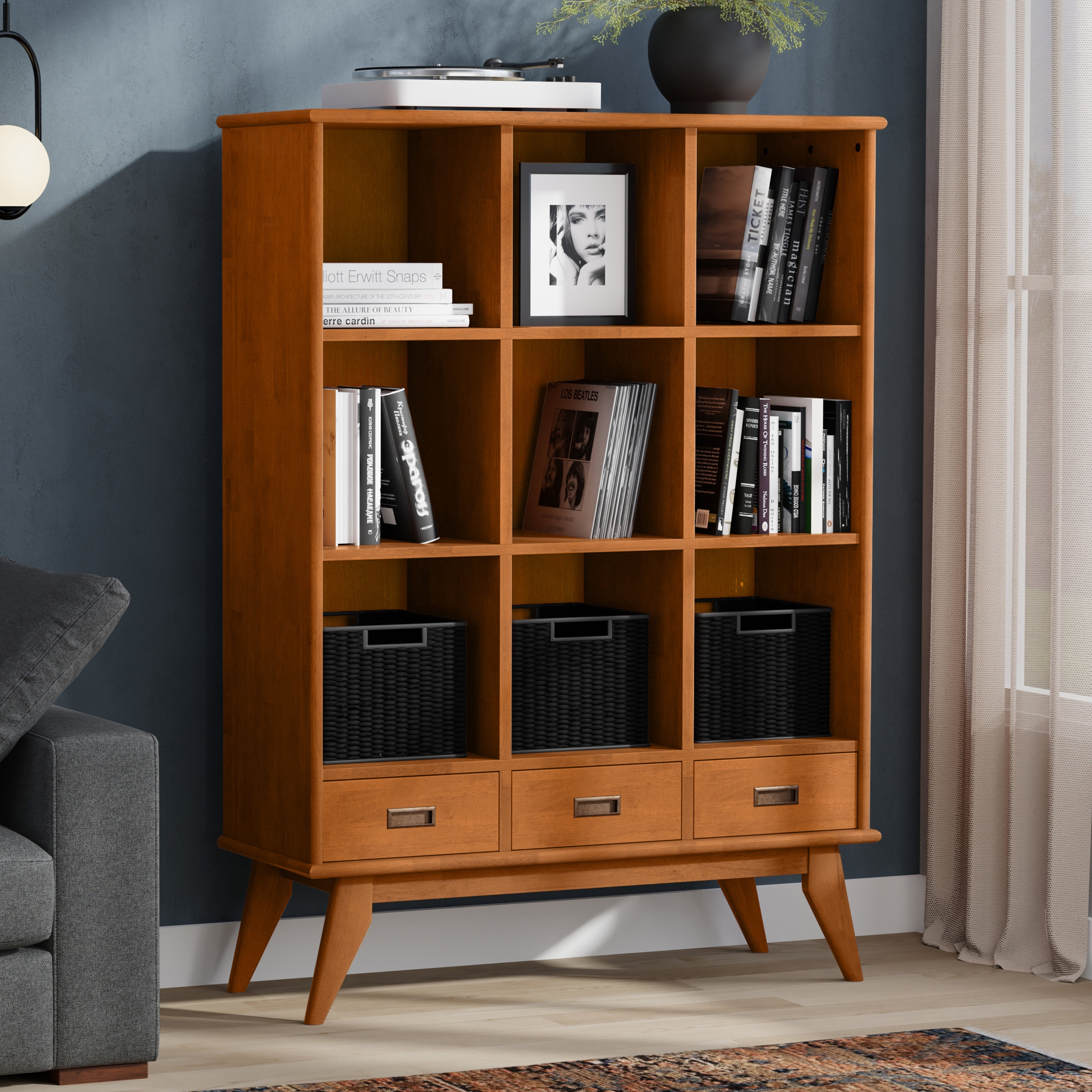 Simpli Home Draper 42"W Solid Wood Mid Century 9-Cube Storage Bookcase ...