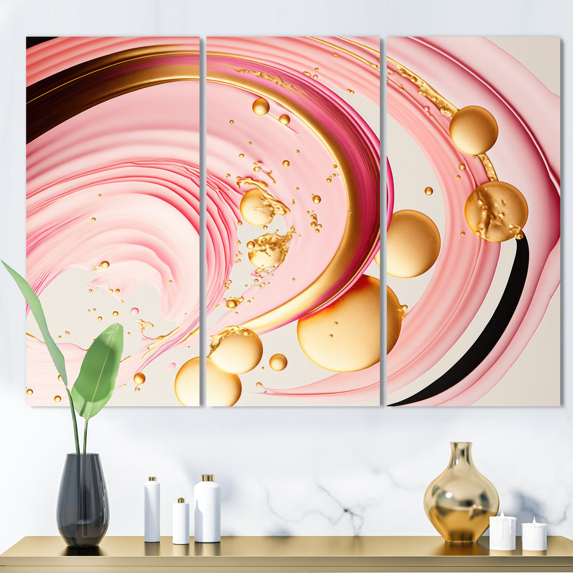 Ivy Bronx Dotsie Pink And Gold Abstract Circles II - 3 Piece Print ...