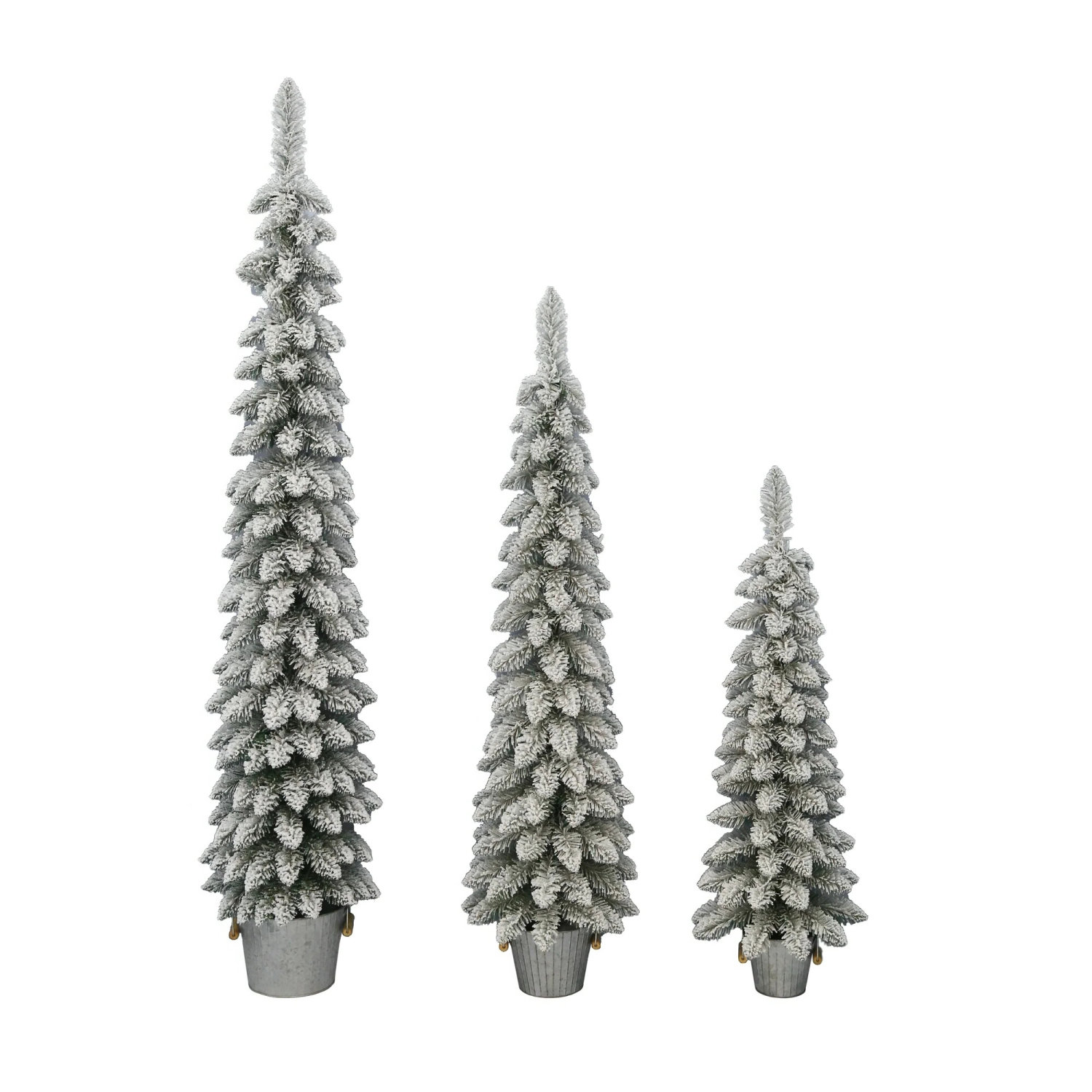 17 Stories Set of 3 Flocked Pine Trees in Galvanized Buckets | Wayfair