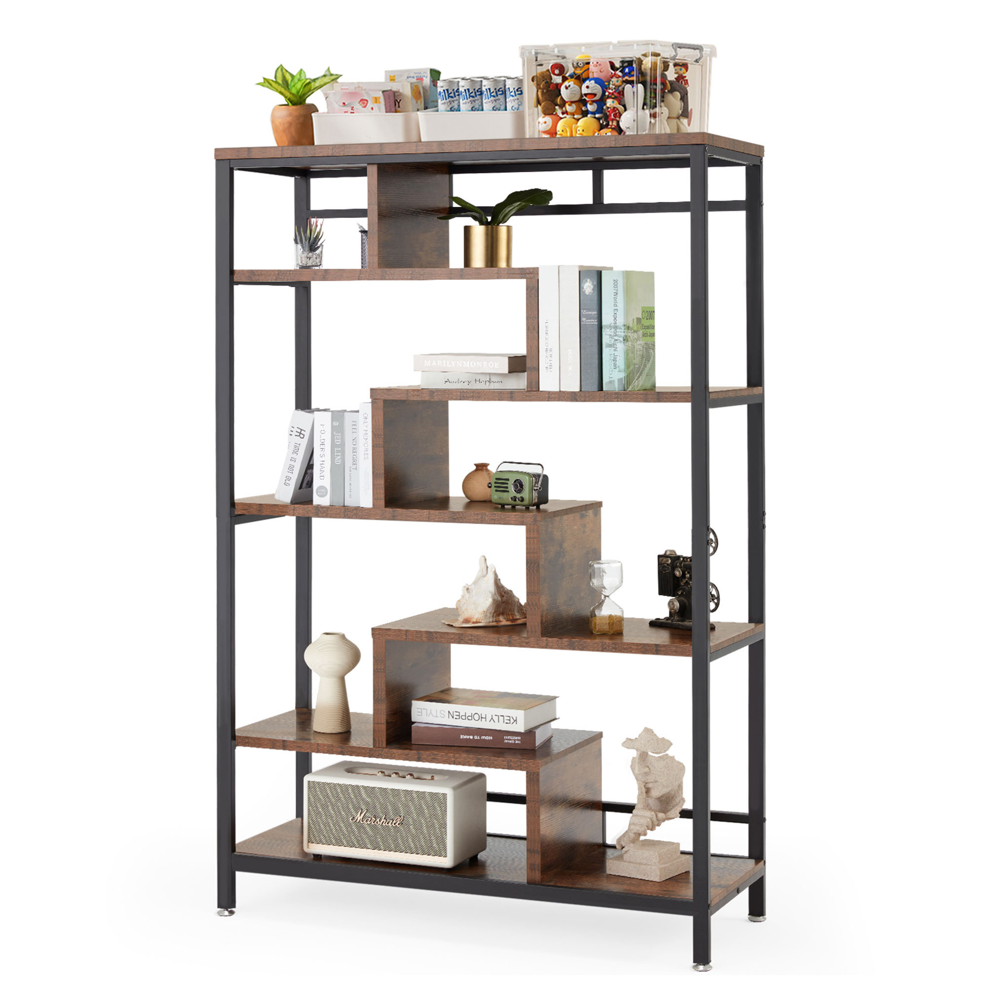 17 Stories 7 Tier Industrial Steel Open Display Asymmetrical Bookshelf ...