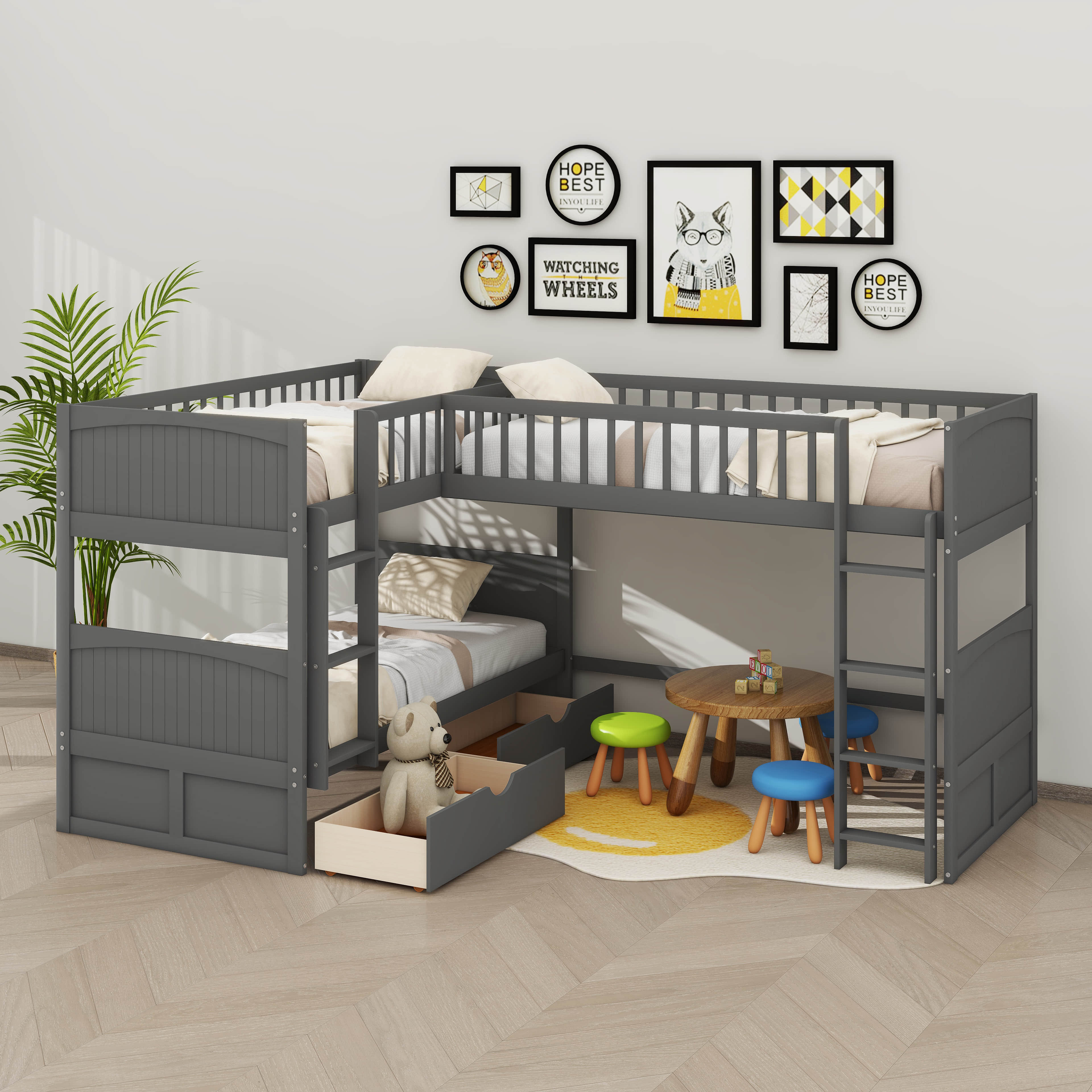 Harriet Bee L-Shaped Triple Bunk Beds, Twin Size Buck Bed With A Loft ...