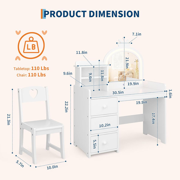 Gemma Violet Kids Vanity Desk with Mirror and Lights, Princess Wooden ...
