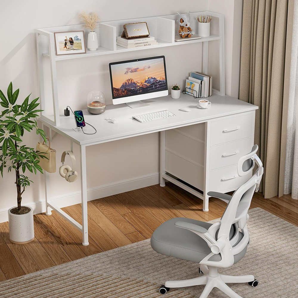 Latitude Run® White Computer Desk With Hutch & Drawers - Office Desk ...