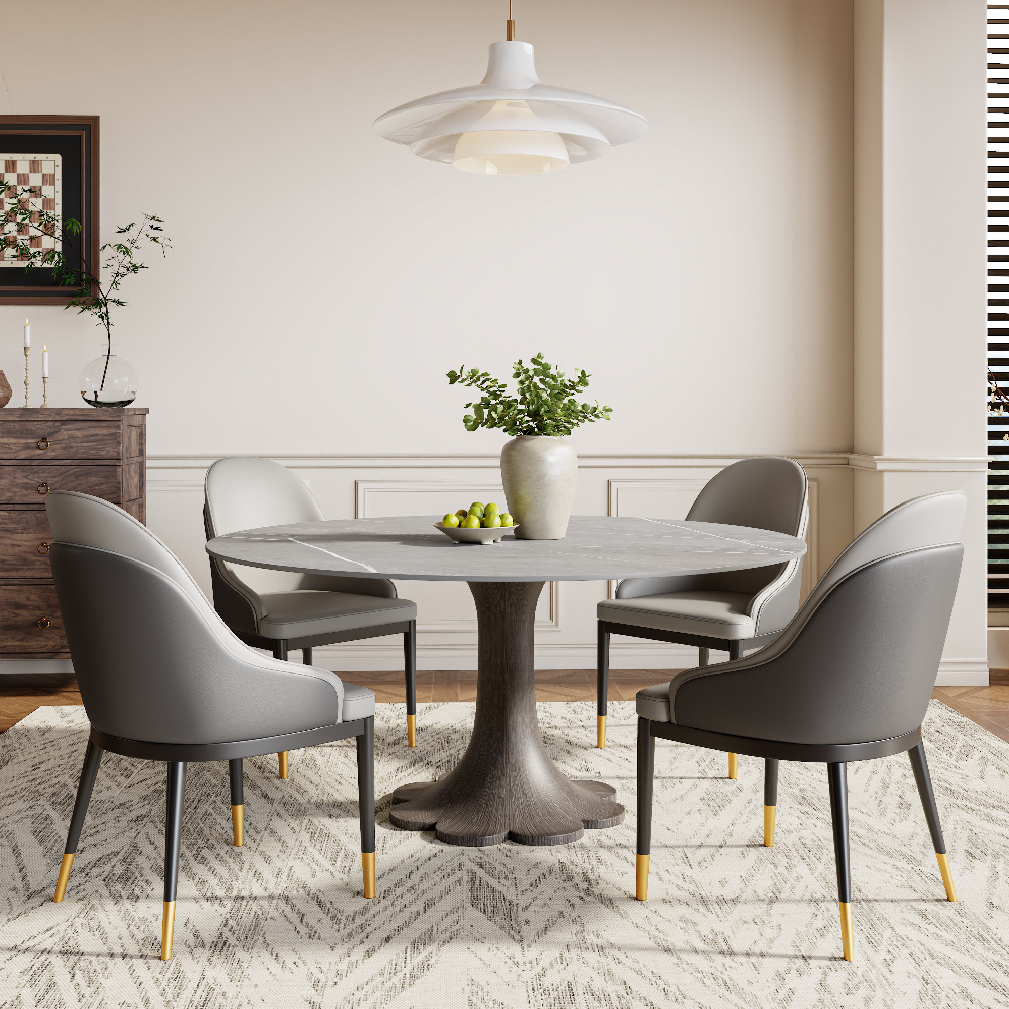 Orren Ellis Light Gray Sintered Stone Solid Wood Dining Table Set With ...