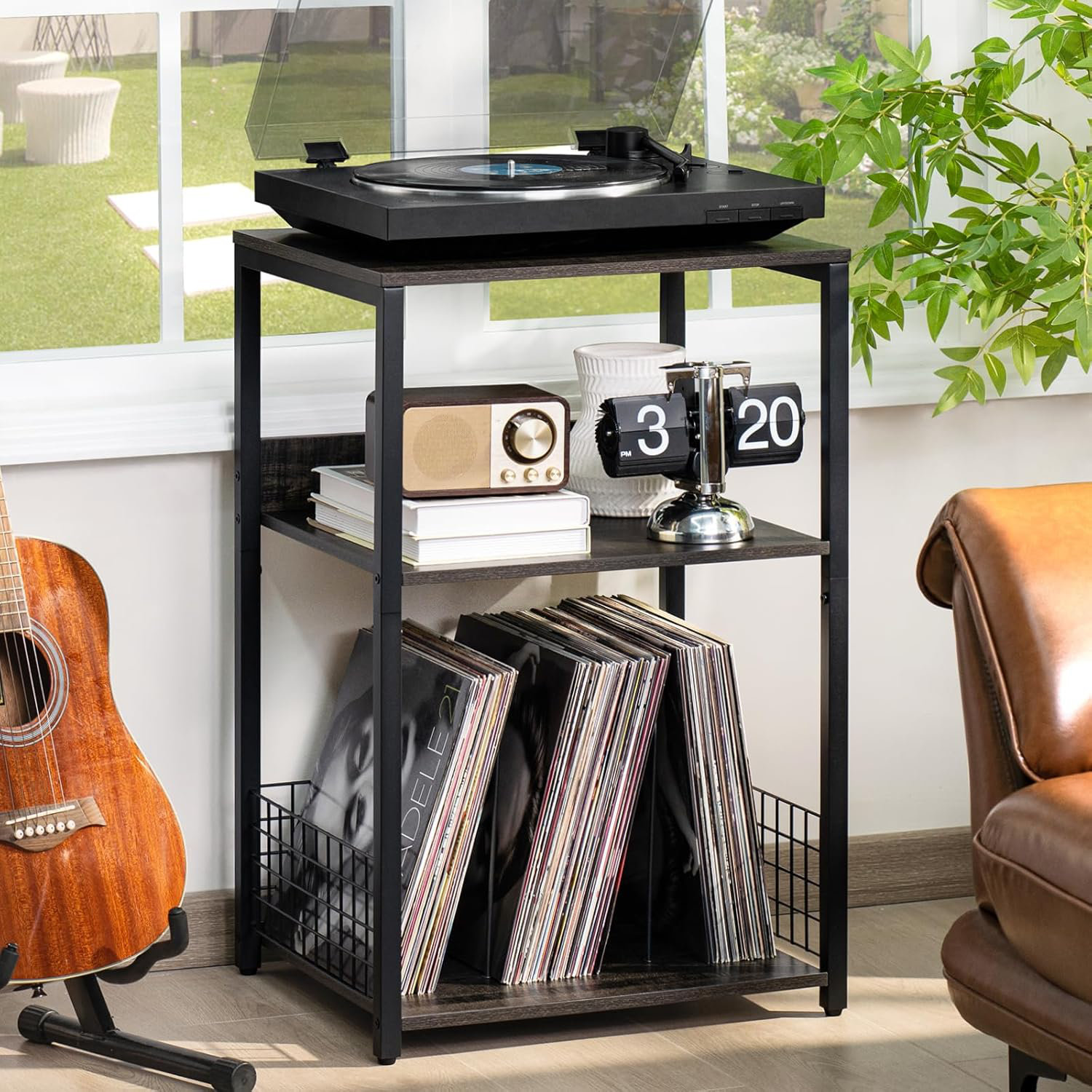CHUANGWENYI 3 Tier Farmhouse Drak Gray End Table, Large Record Player ...