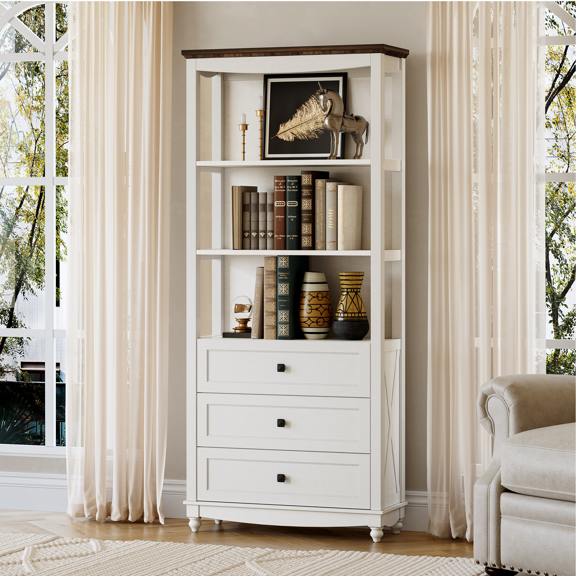 Alcott Hill® Tall Bookcase With 3 Drawers Open Shelves | Wayfair