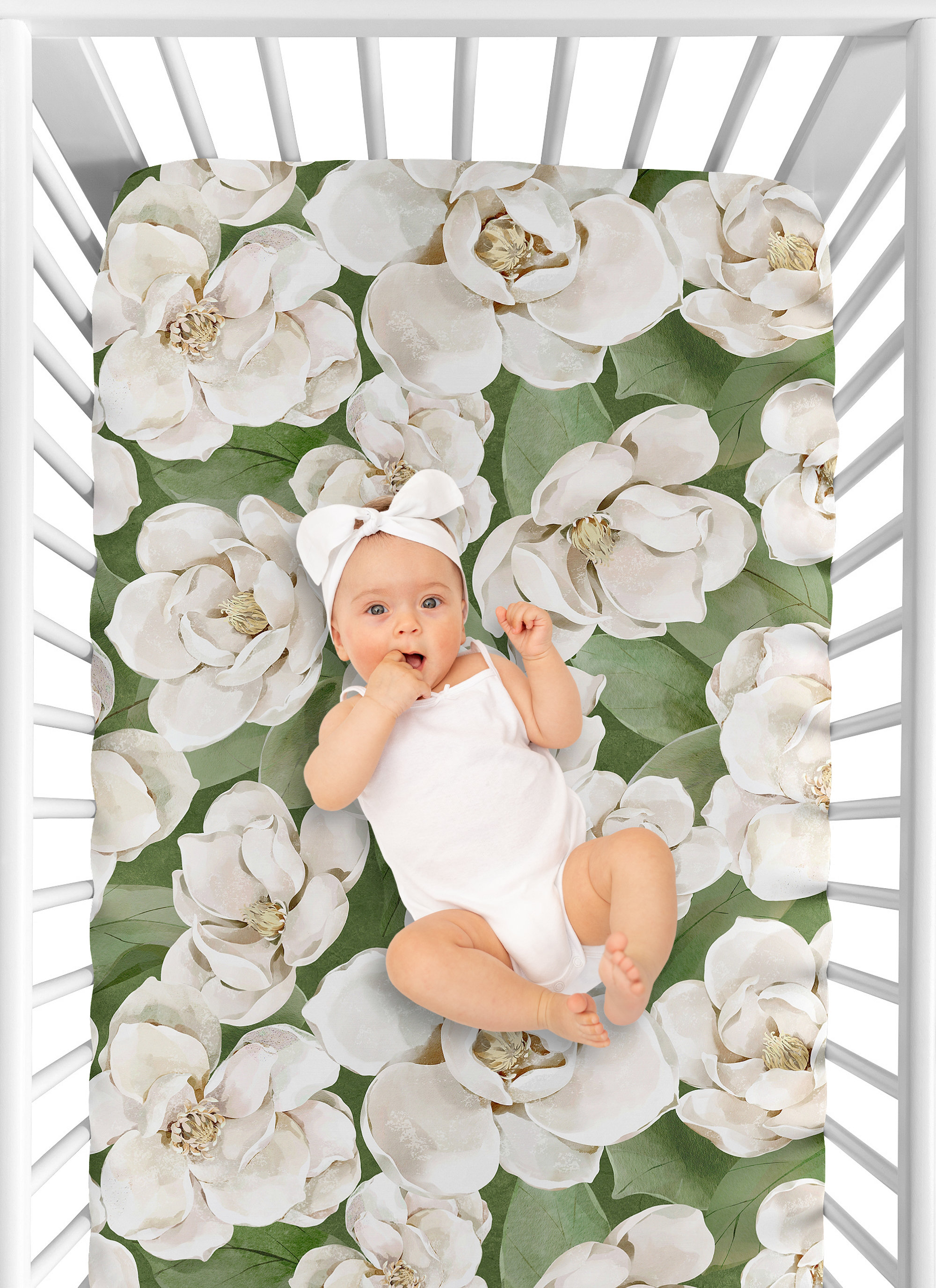 Sweet Jojo Designs Sage Green and Ivory Watercolor Magnolia Fitted Crib ...