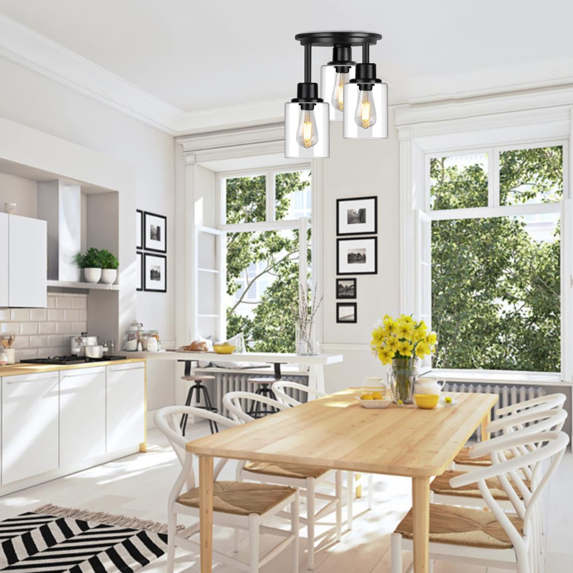 17 Stories Semi Flush Mount Ceiling Light, 3-Light Close To Ceiling Light Fixtures, Matte Black ...