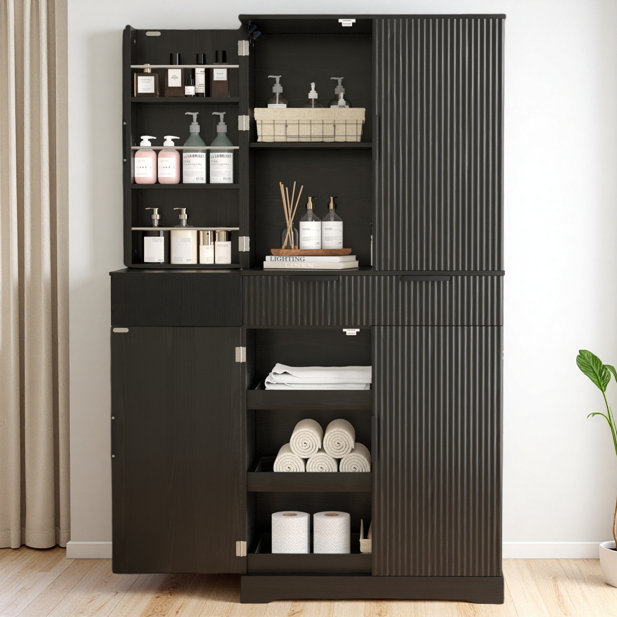 Ebern Designs 72"H Kitchen Pantry Cabinet With 3 Keyboard Drawers ...