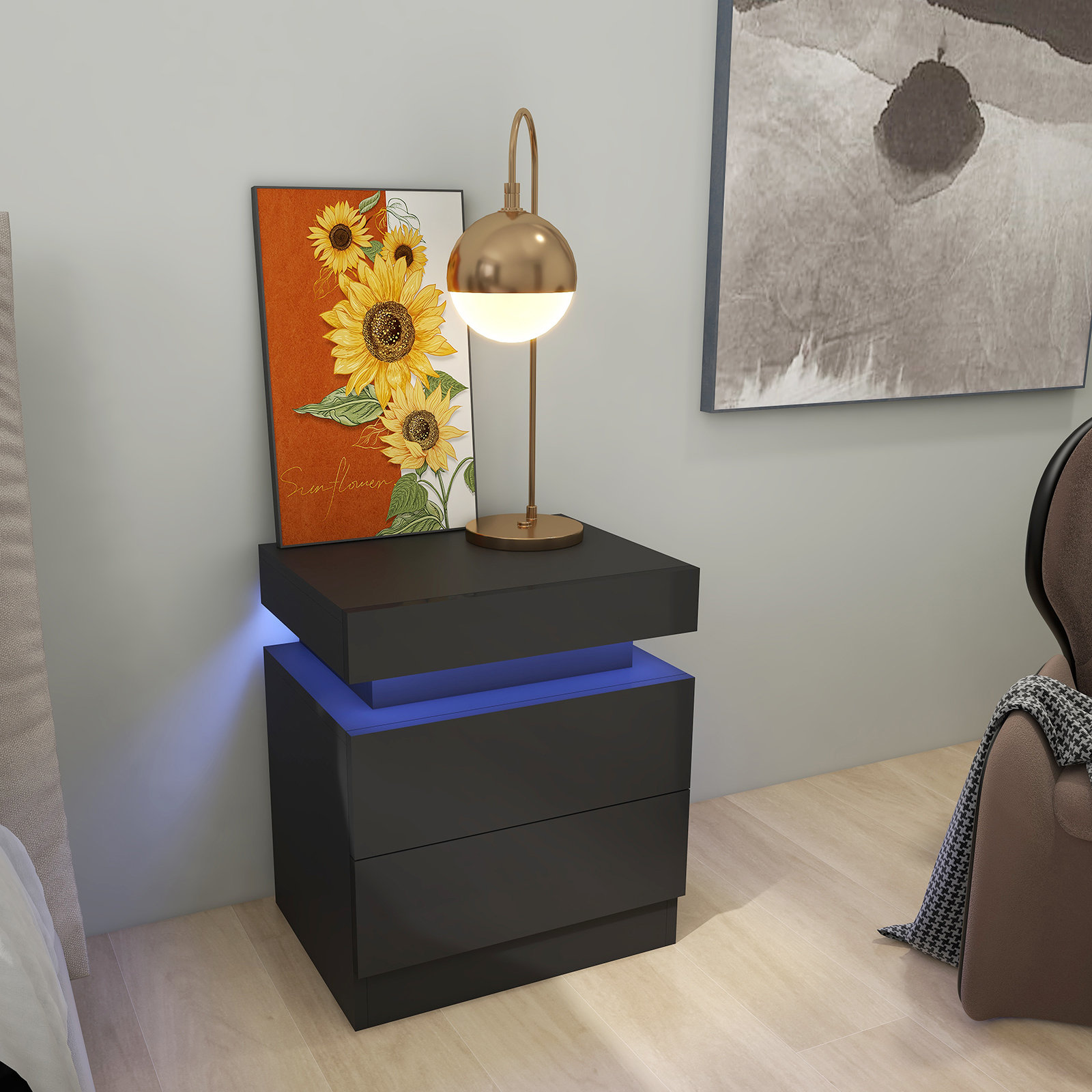 Wrought Studio Nightstand with LED Lights, 2 Drawer & 1 Flapping Top ...