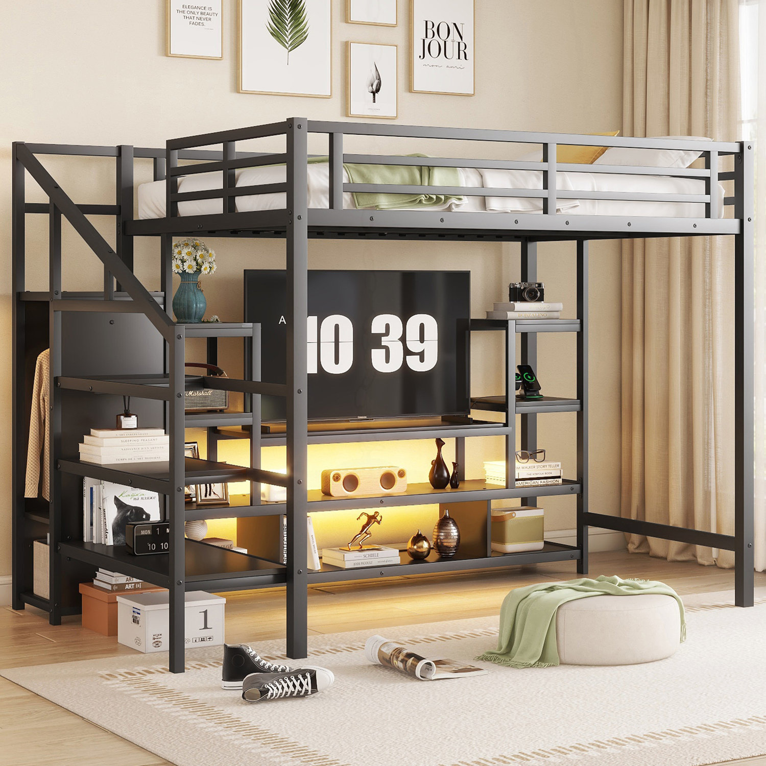 Latitude Run® Versatile Metal Loft Bed with Integrated Entertainment and Storage Options ...