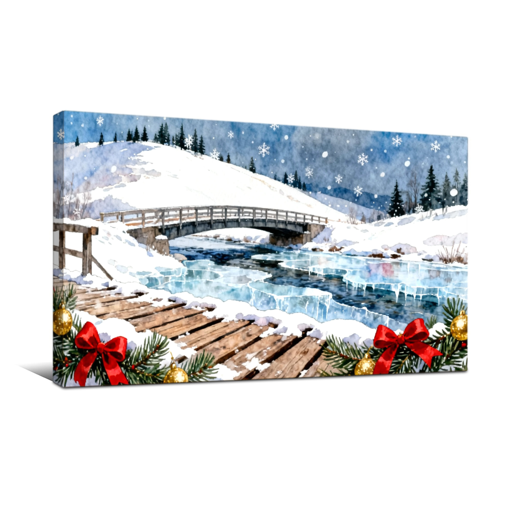 Canora Grey Christmas Winter Landscape With Snowy Bridge And River ...