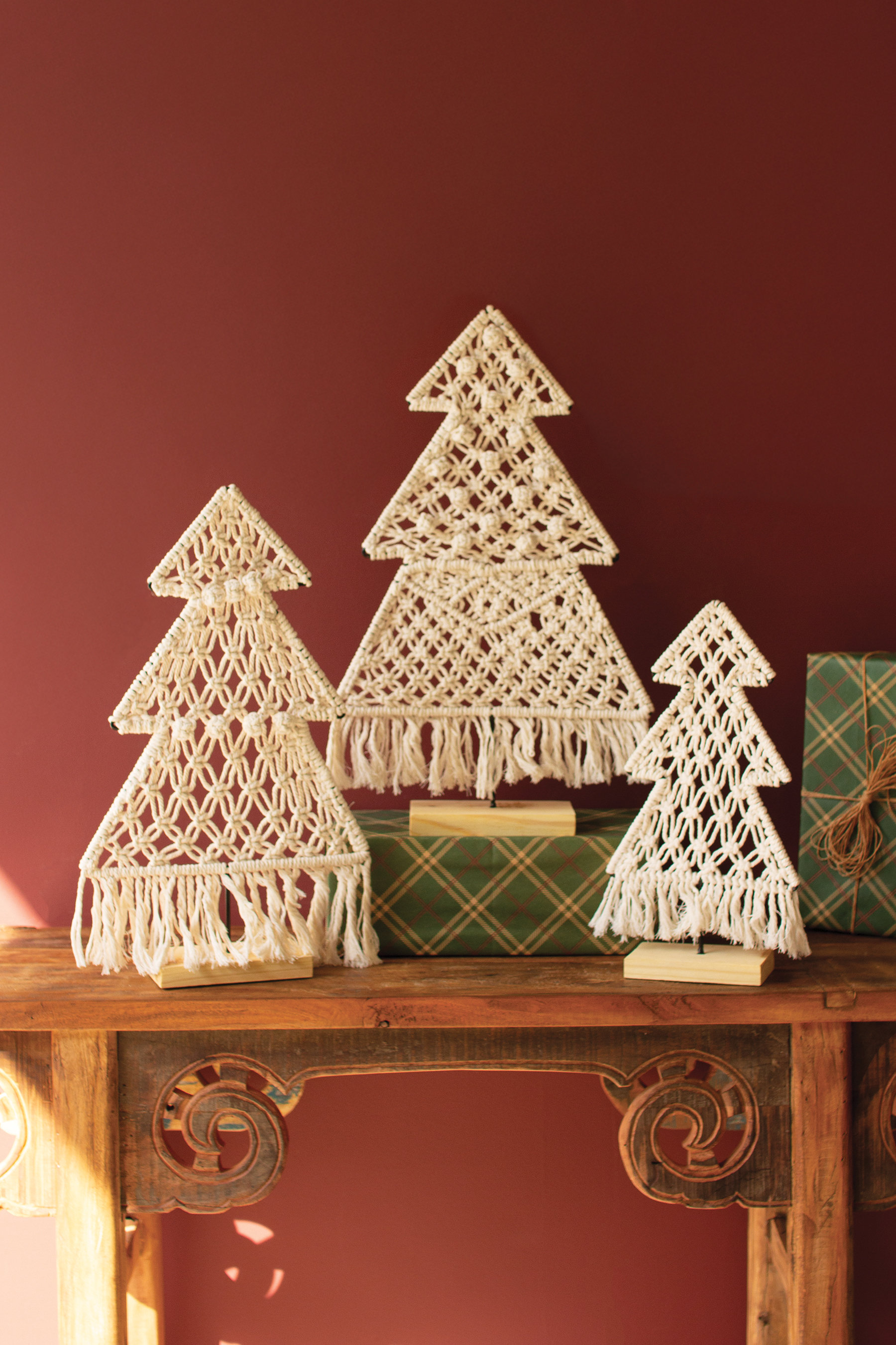 The Holiday Aisle® SET OF THREE MACRAME CHRISTMAS TREES ON WOOD BASES ...