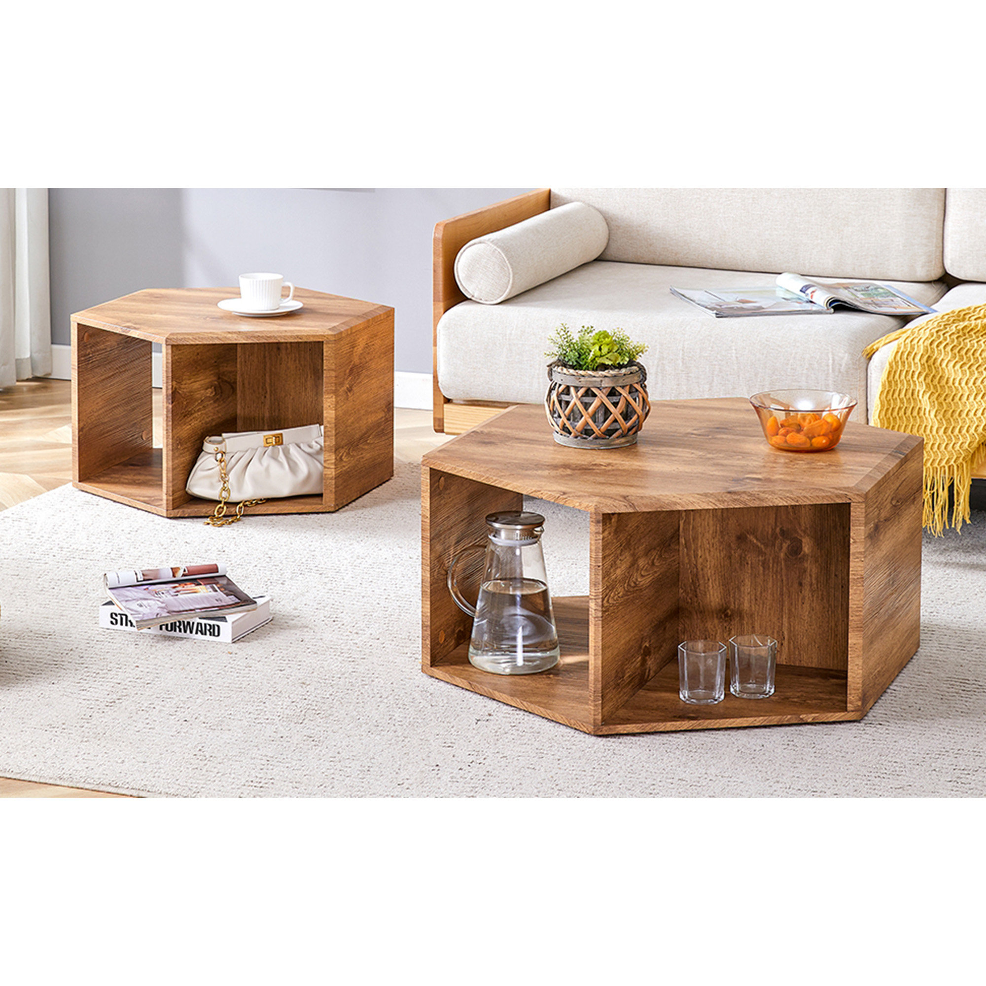 Millwood Pines Minimalist White Patterns Hexagonal Coffee Table Set ...