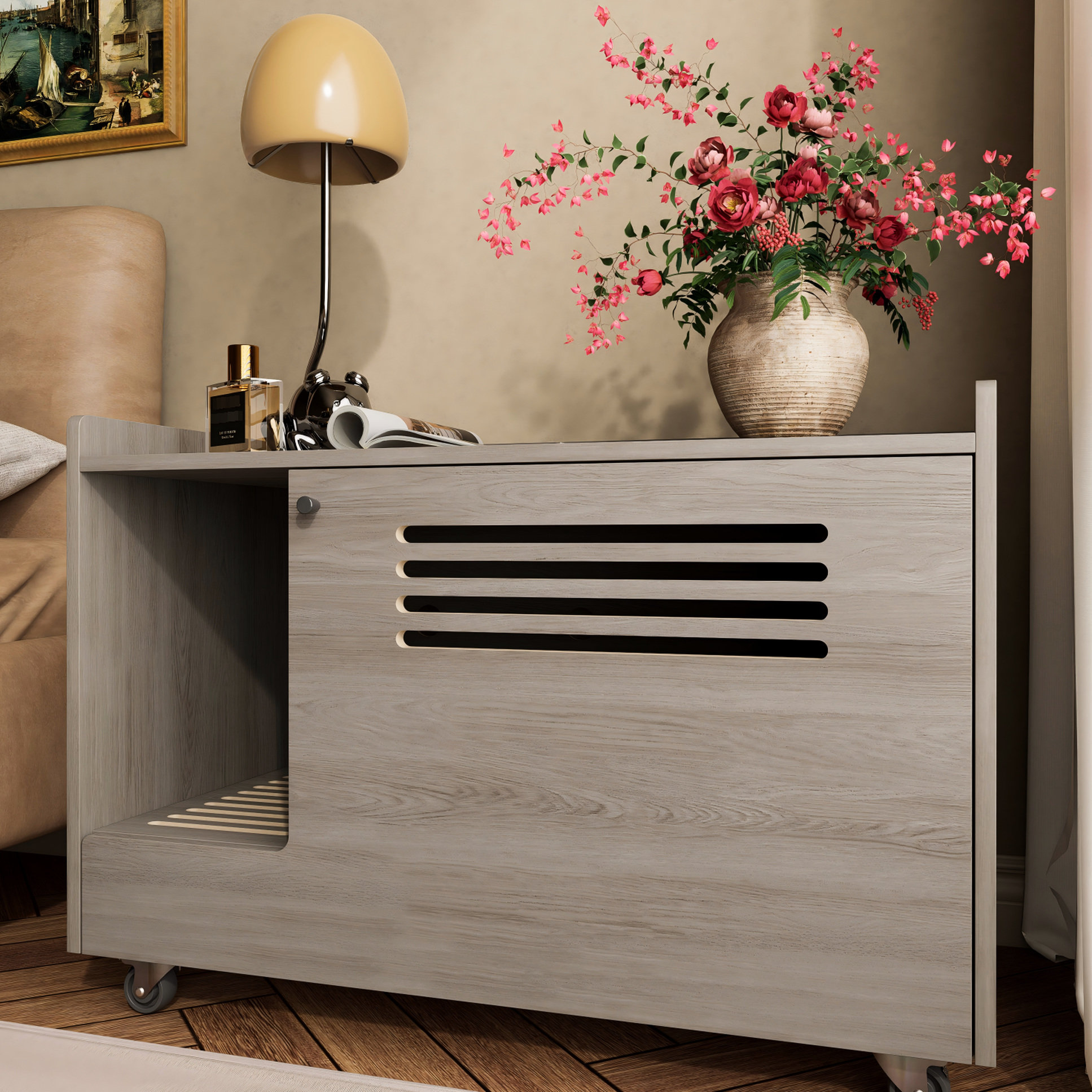 Hokku Designs Hidden Cat Litter Box With Top Fence, Pet House Side ...