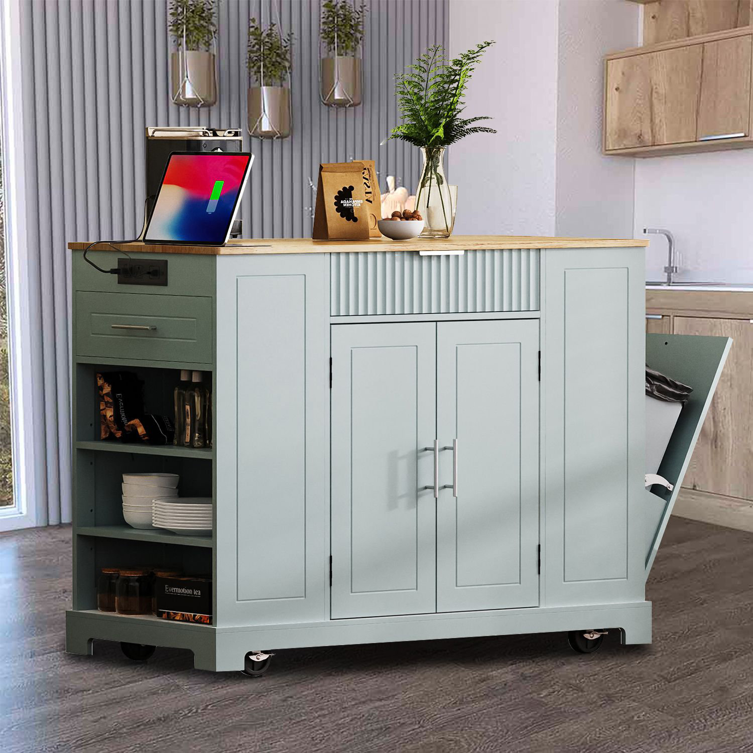 Lark Manor Mid-century style removable kitchen island with hidden ...