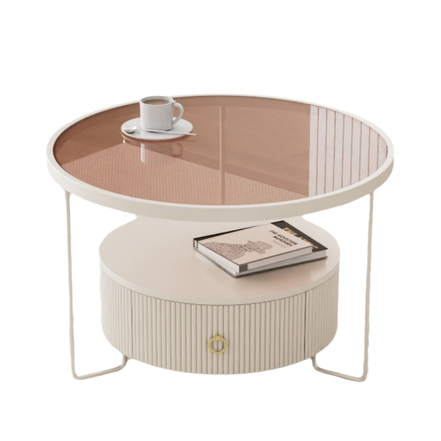 Ivy Bronx Longhorn Glass Round Drawer Coffee Table Shelf | Wayfair