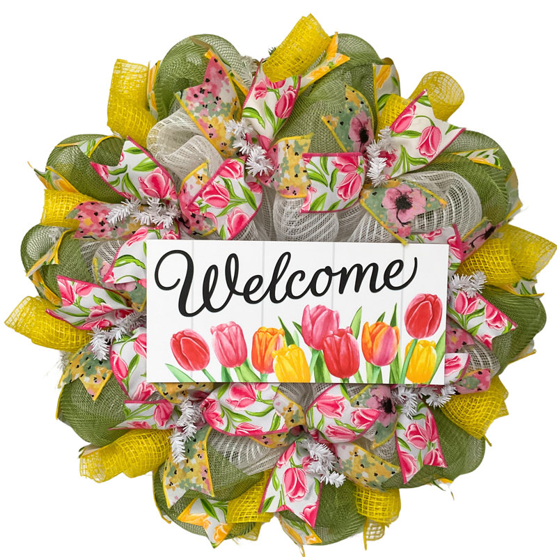 Gracie Oaks Welcome Spring Tulips Wreath Handmade | Wayfair