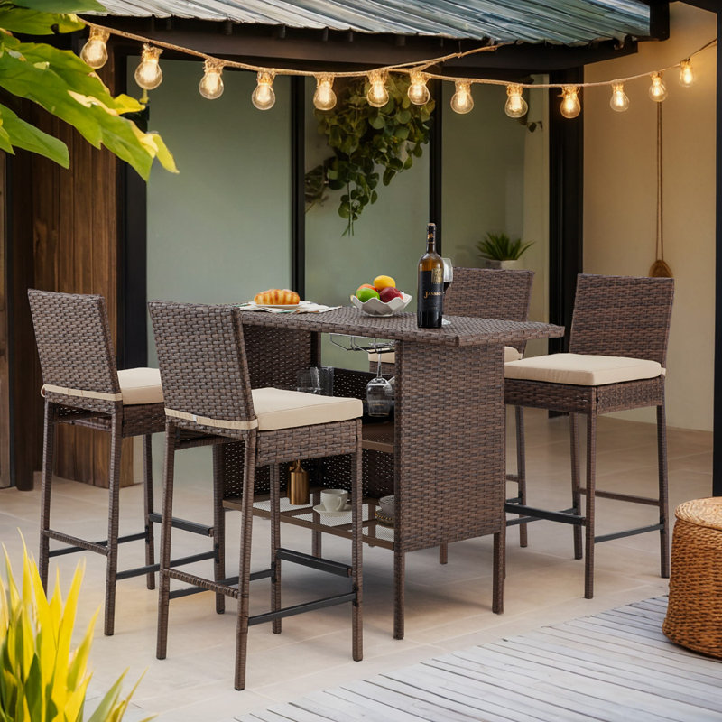 Arlmont & Co. Wicker Bar Set with 4 Stools & Outdoor Bar Table ...