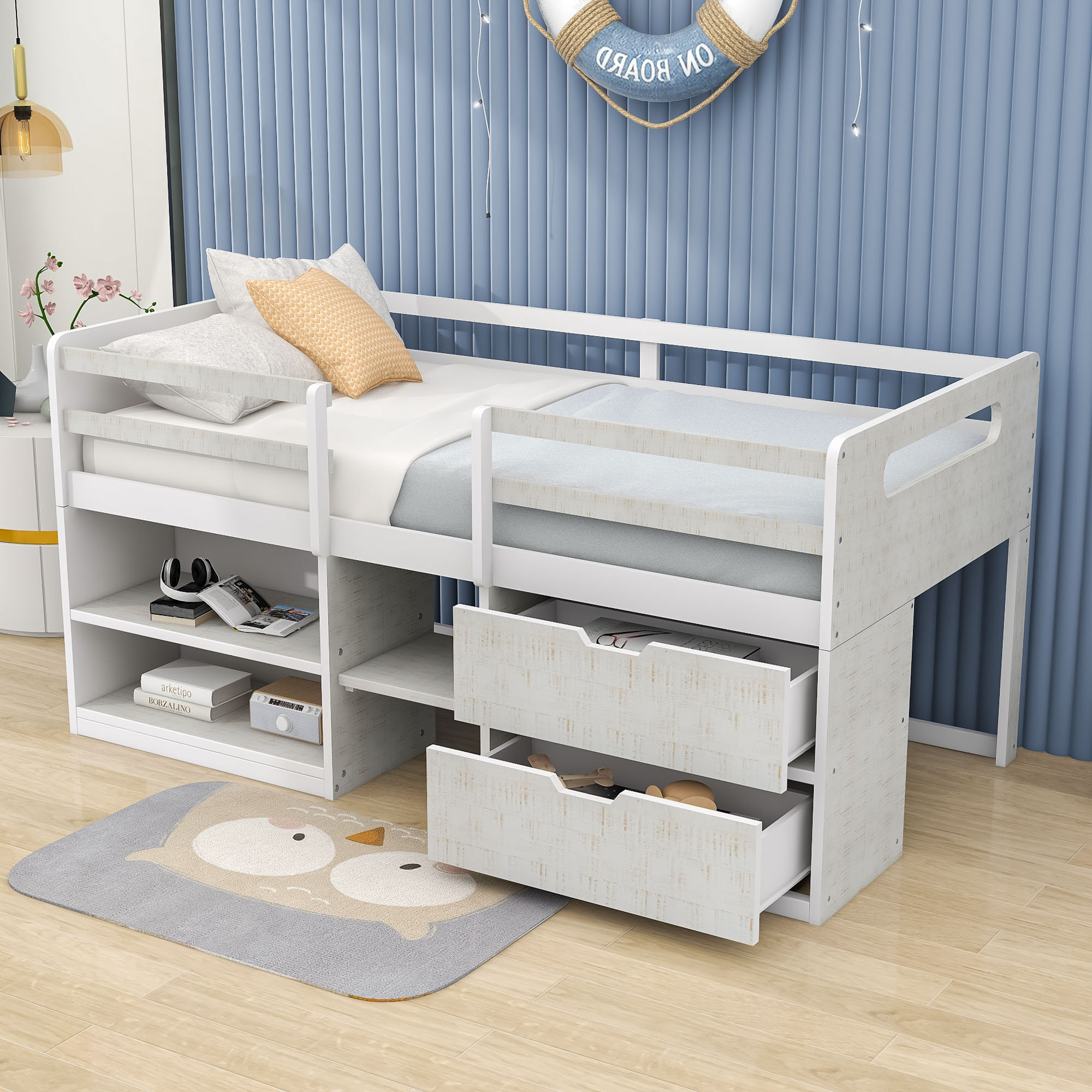 Harriet Bee Elwer Twin Size Wood Loft Bed With Shelves And Drawers ...