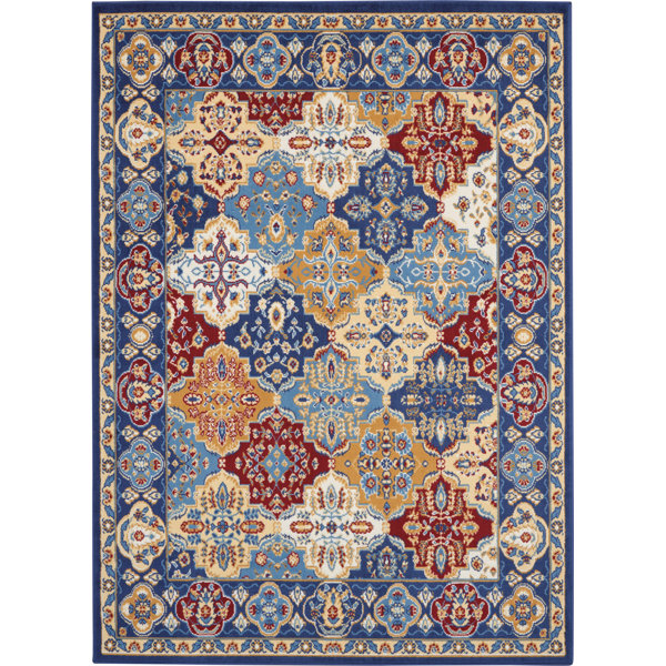 Bungalow Rose Shadell Performance Blue/Red Rug | Wayfair