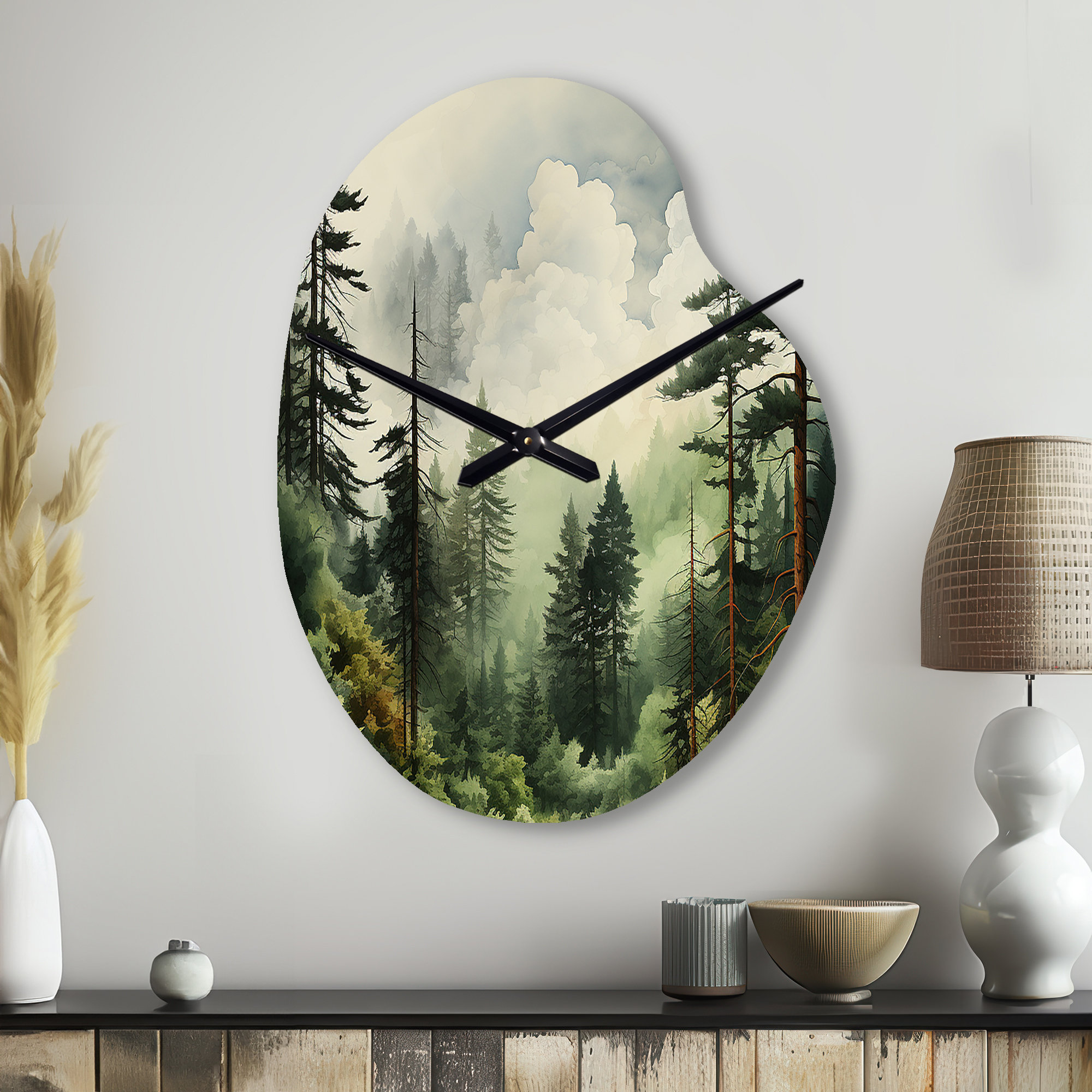 Design Art Pine Tree Forest - Pine Irregular Shape Metal Wall Clock ...