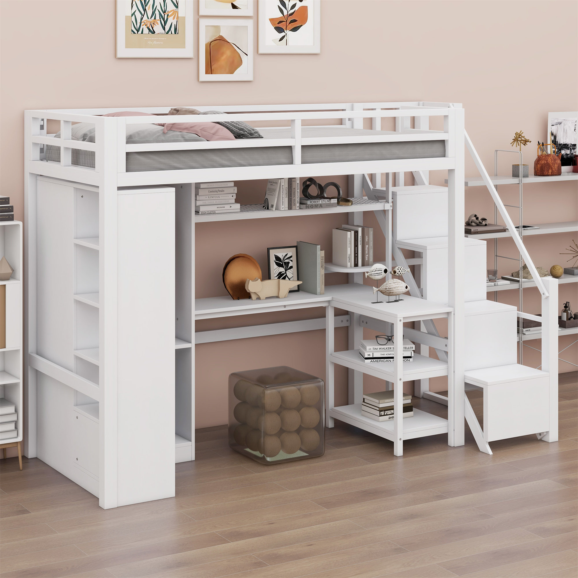 Harriet Bee Metal Loft Bed With Desk, USB Ports, 5-Layer Shelf ...