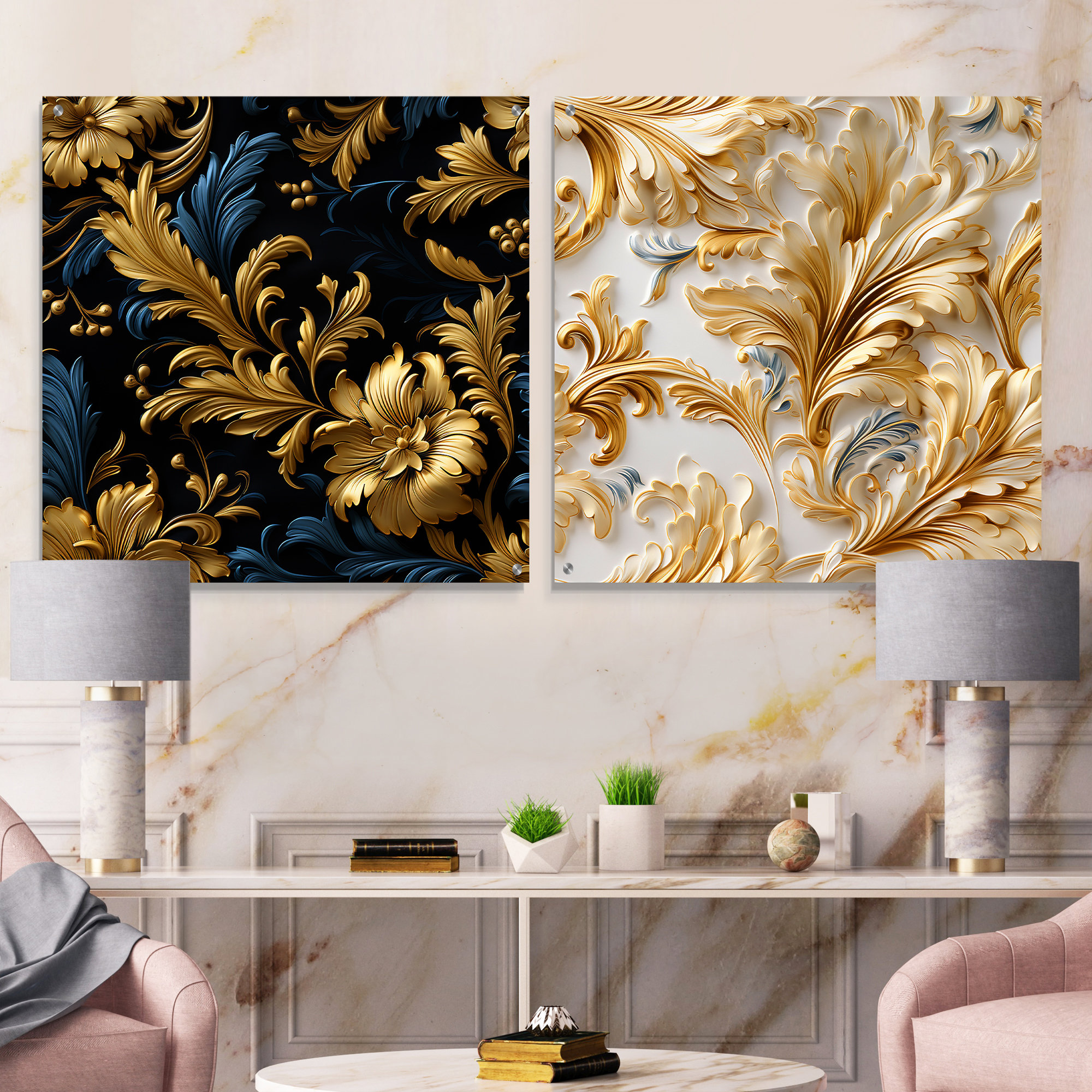 Design Art Gold And Blue Gilded Damask Reverie - Abstract Acrylic Wall ...