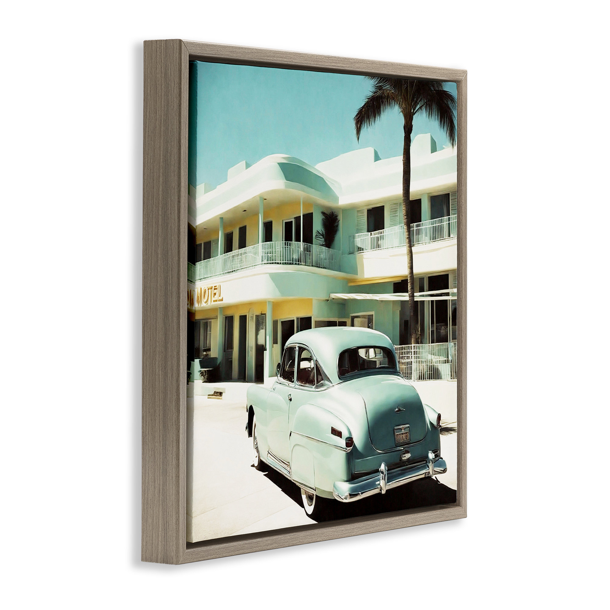 Latitude Run® Classic Car at Motel Gray Framed Floater Canvas Wall Art ...