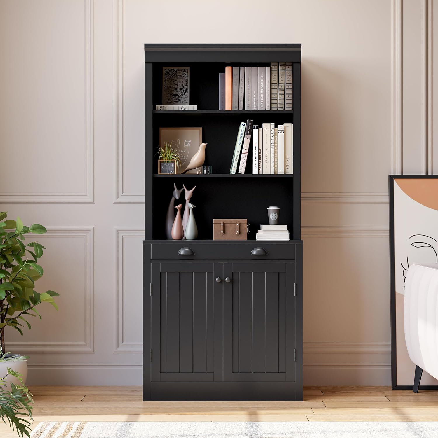 Latitude Run® Tall Bookcase with Doors, 5-Shelf Bookshelves and ...