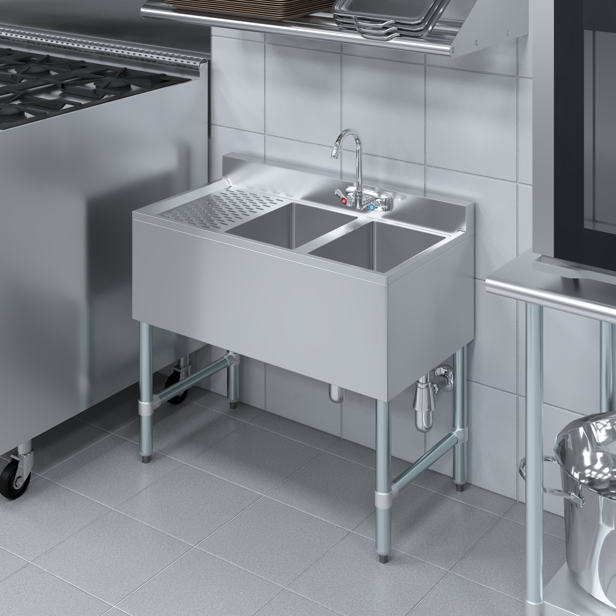 Amgood 36 In. X 19 In. Two Compartment Underbar Sink With Left ...