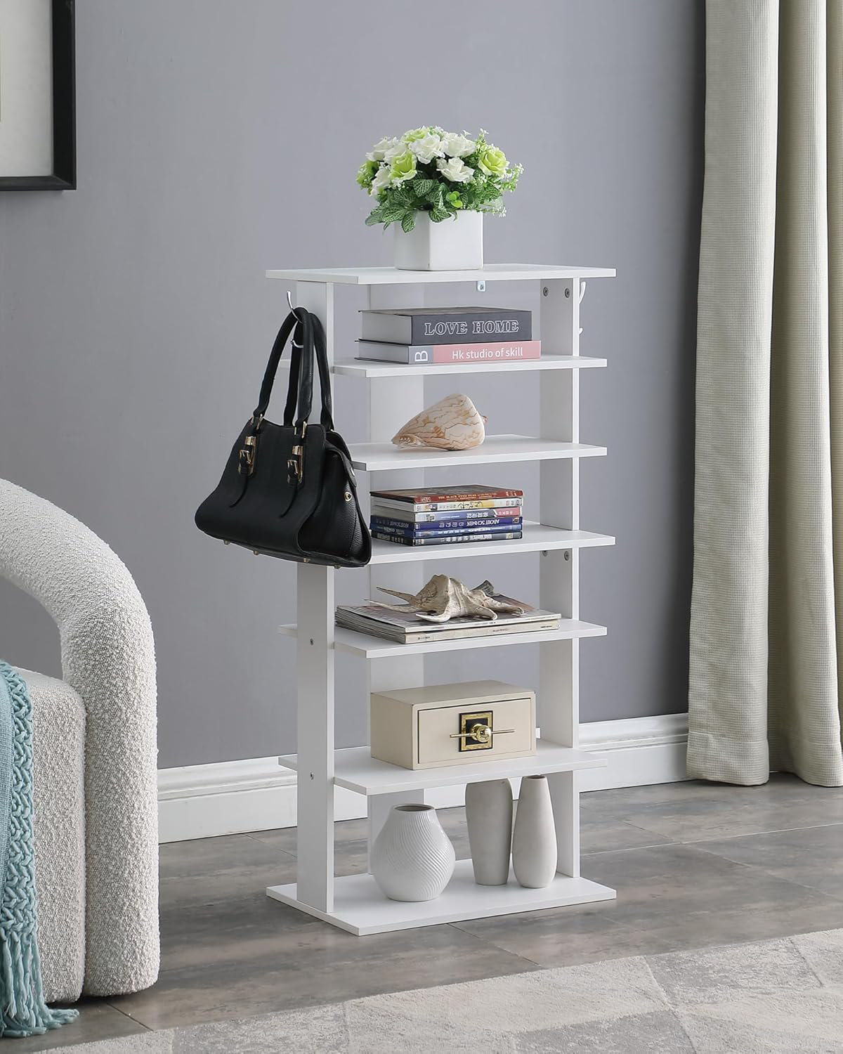 Latitude Run® 7-Tier Vertical Shoe Rack With Hooks, Space-Saving Shoe ...