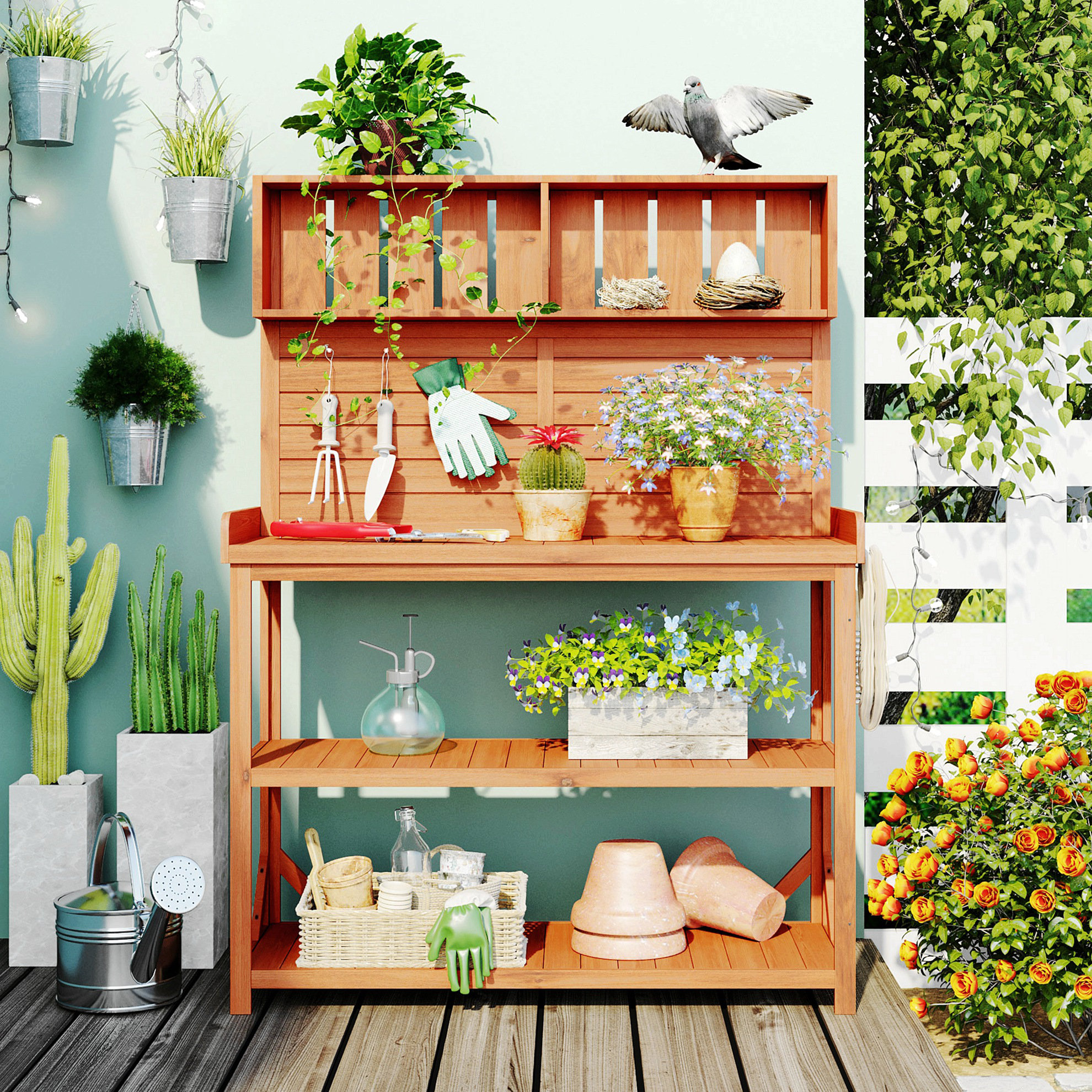 Lark Manor™ 65" Large Wooden Farmhouse Rustic Outdoor Potting Bench ...