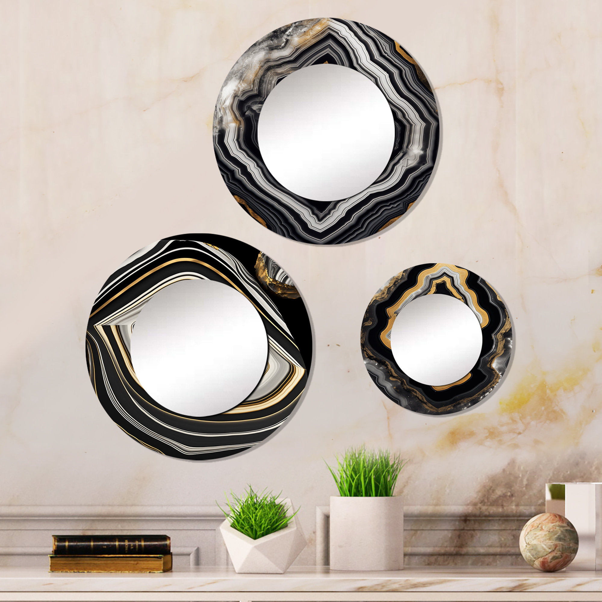 East Urban Home Ellersick - Round Mirror On Glossy Abstract Shapes ...