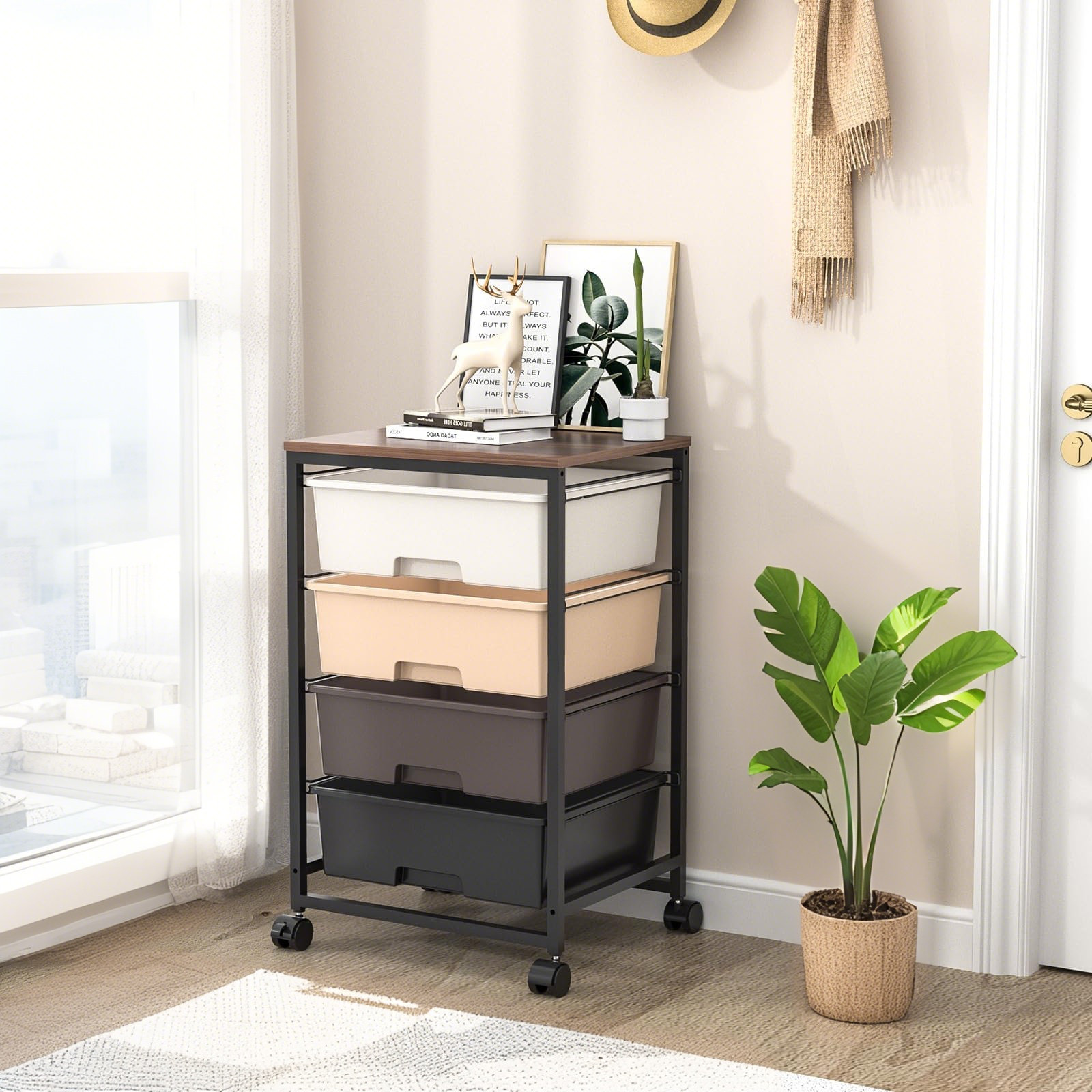 INTEGATOIC LLC 4-Drawer Rolling Storage Cart With Wooden Desktop ...