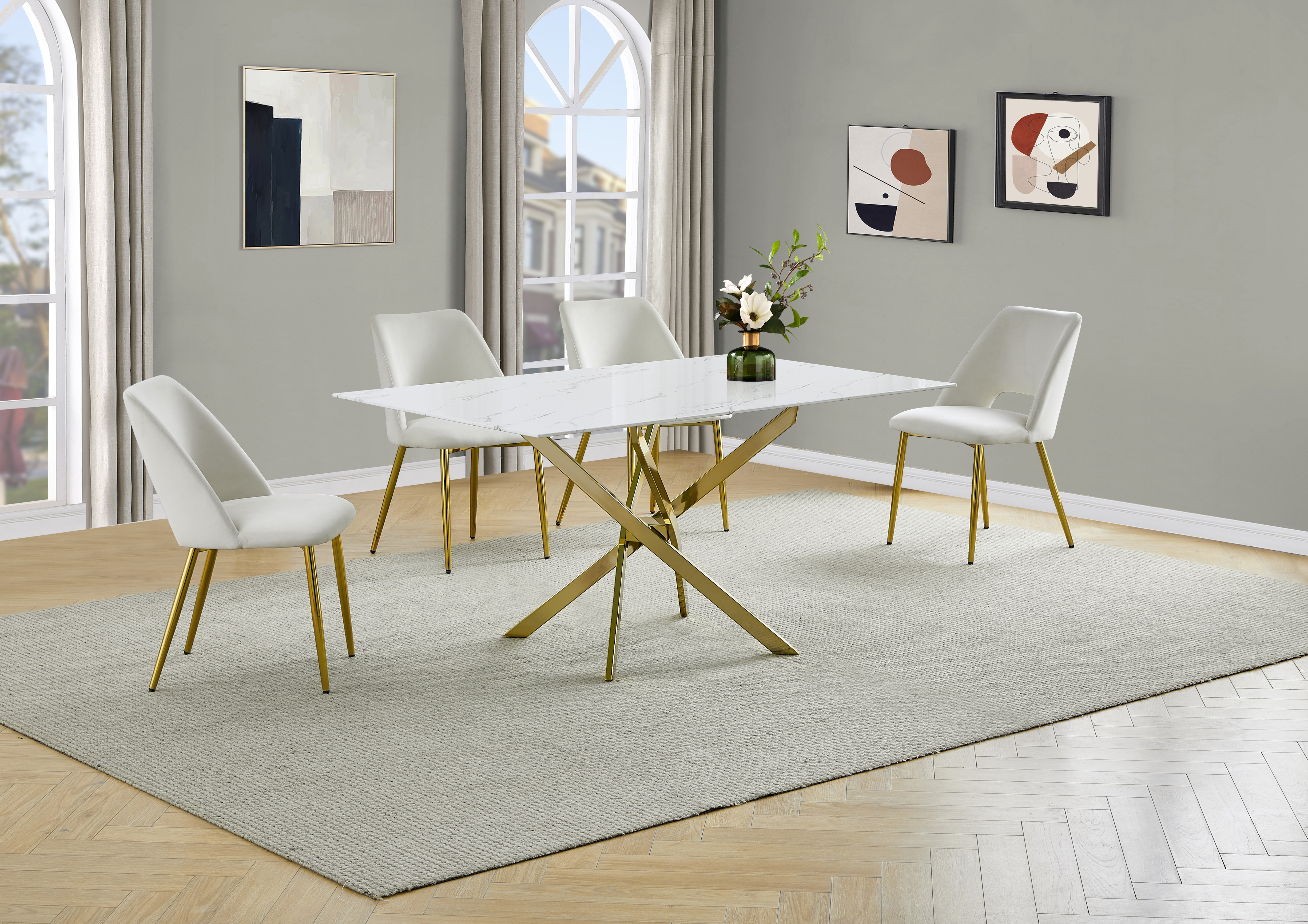 Mercer41 Glass With Marble Wrap Dining Set And Upholstered Side Chairs ...