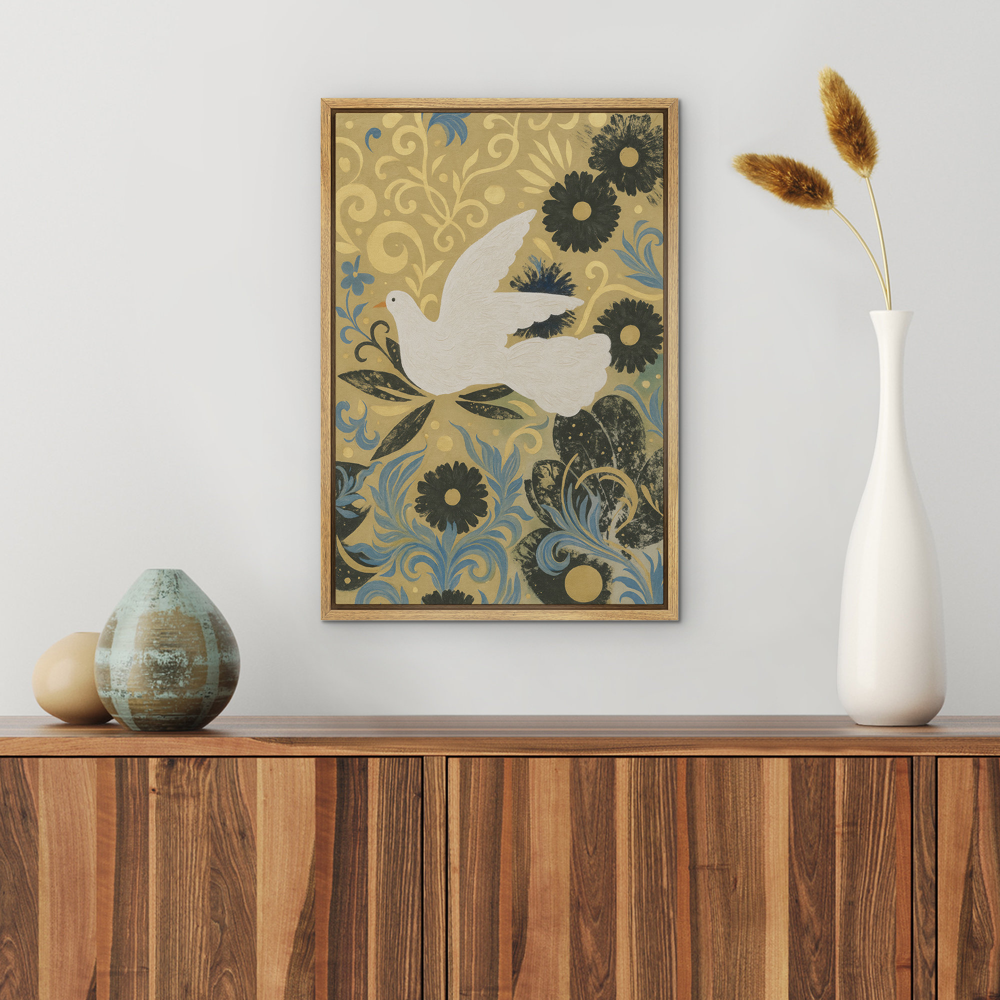 wall26 Dove with Floral Background Framed Wall Art - Peaceful Religious ...