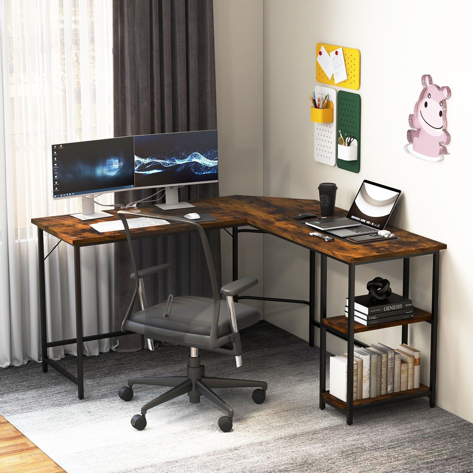Borough Wharf L-Shaped Computer Desk Corner Computer Gaming Desk W/2 ...