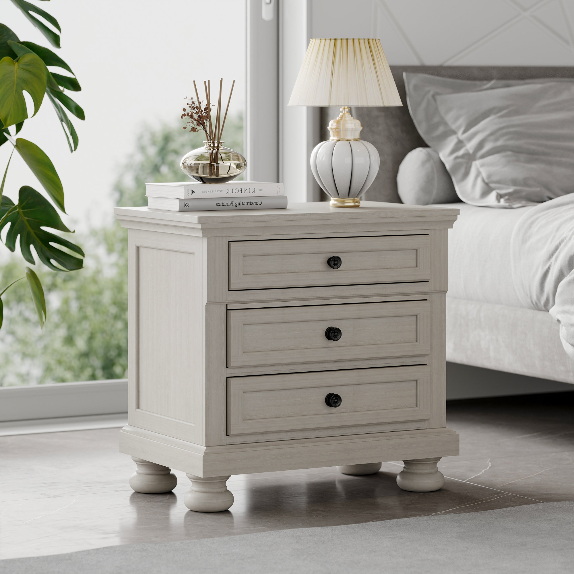 white rustic bedside table