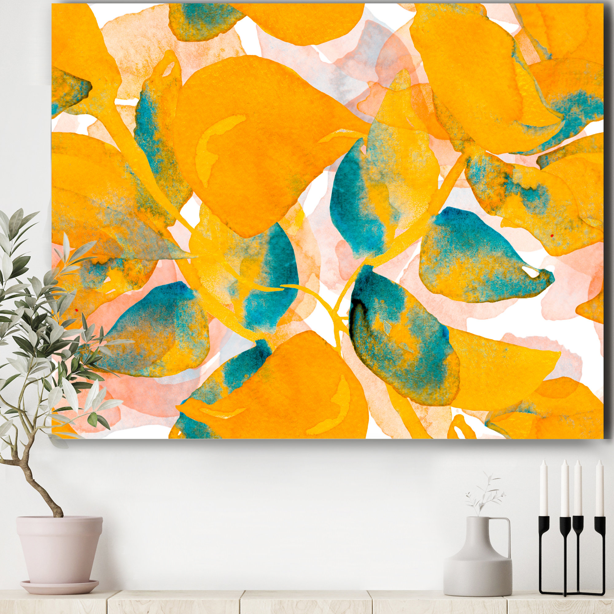 East Urban Home Watercolor Leaves In Orange And Blue - Modern Wall Art ...