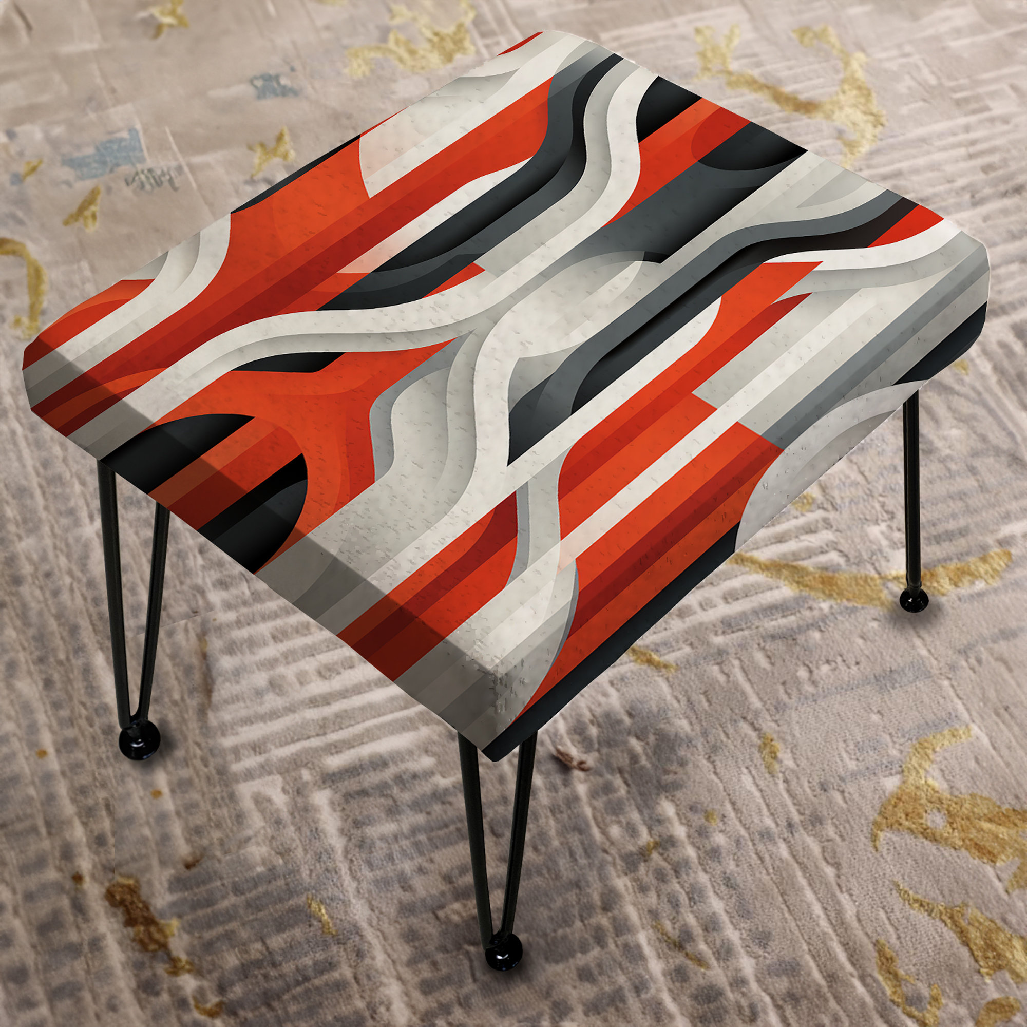 Design Art Grey And Red Geometric - Striped Rectangle Ottoman | Wayfair