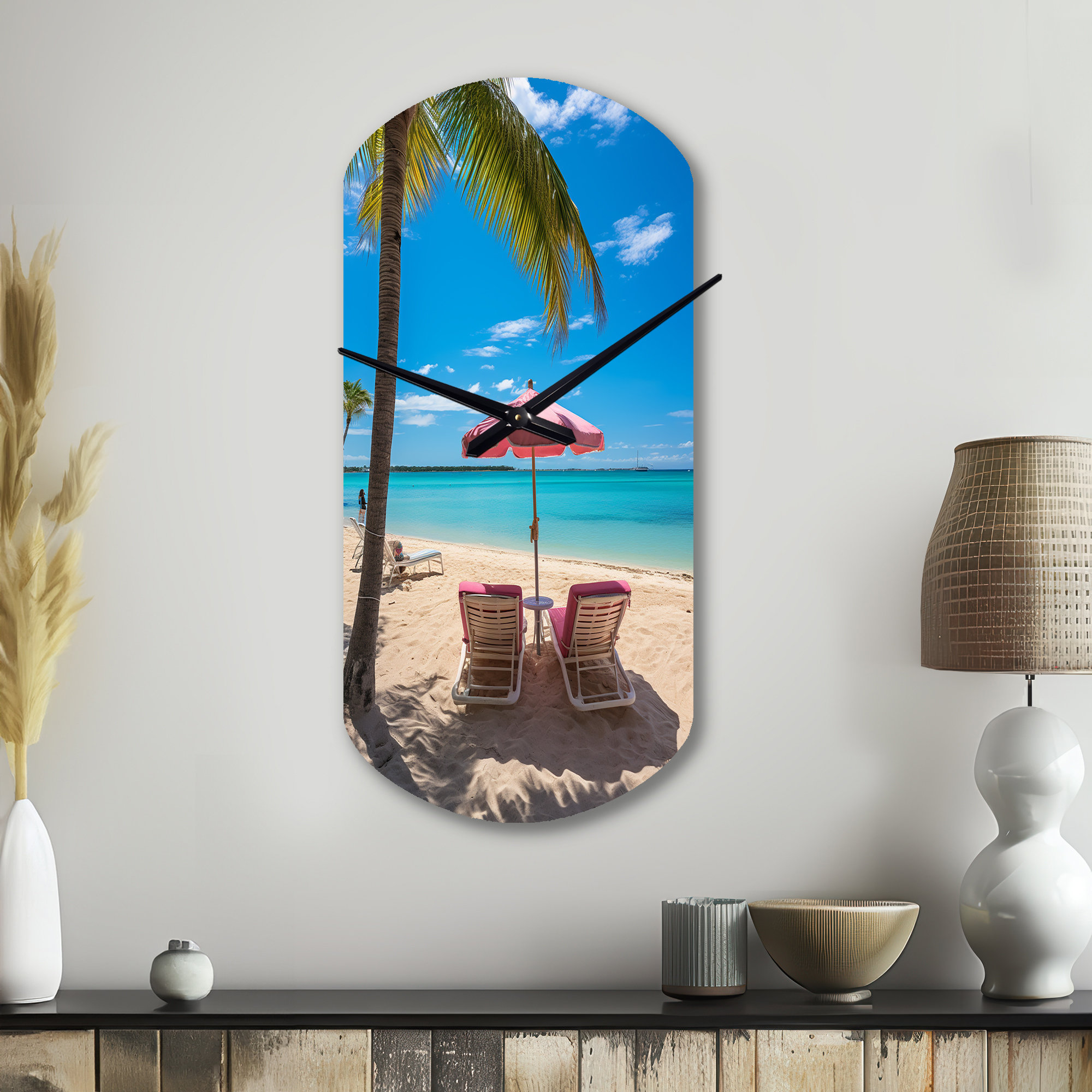 Design Art Beach Pink Beach Chairs - Beach Cylinder Metal Wall Clocks ...