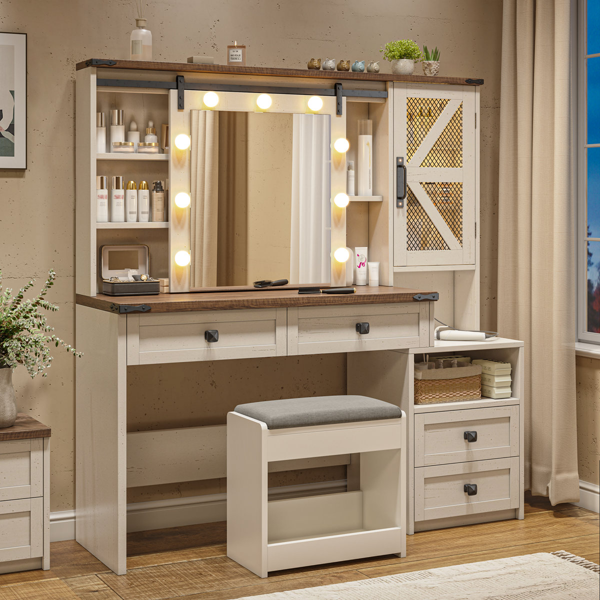 Gracie Oaks Farmhouse Vanity Desk With Charging Station And Sliding ...