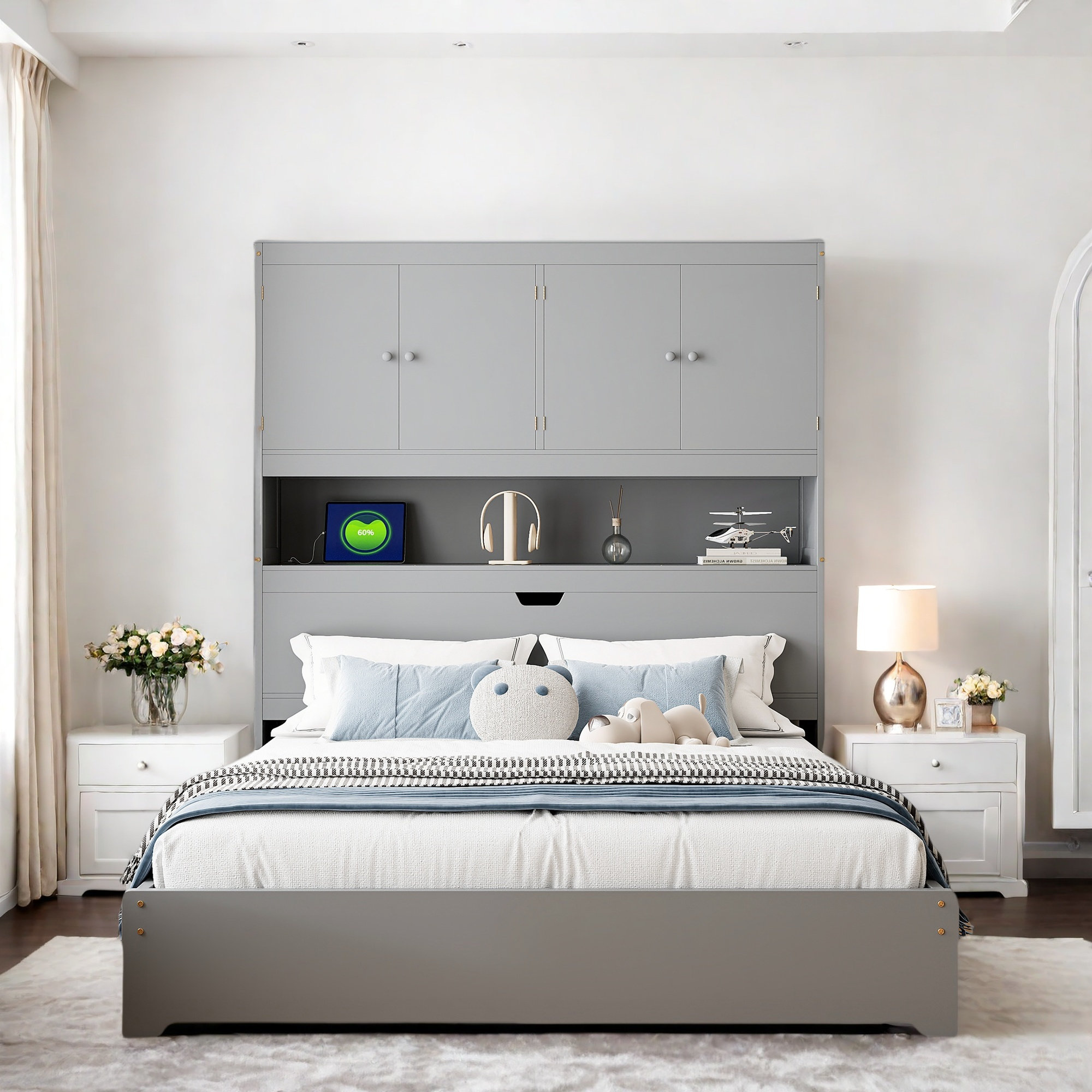 Lark Manor Lit plateforme en bois avec USB, tête de lit rabattable avec rangement et 2 tiroirs ...