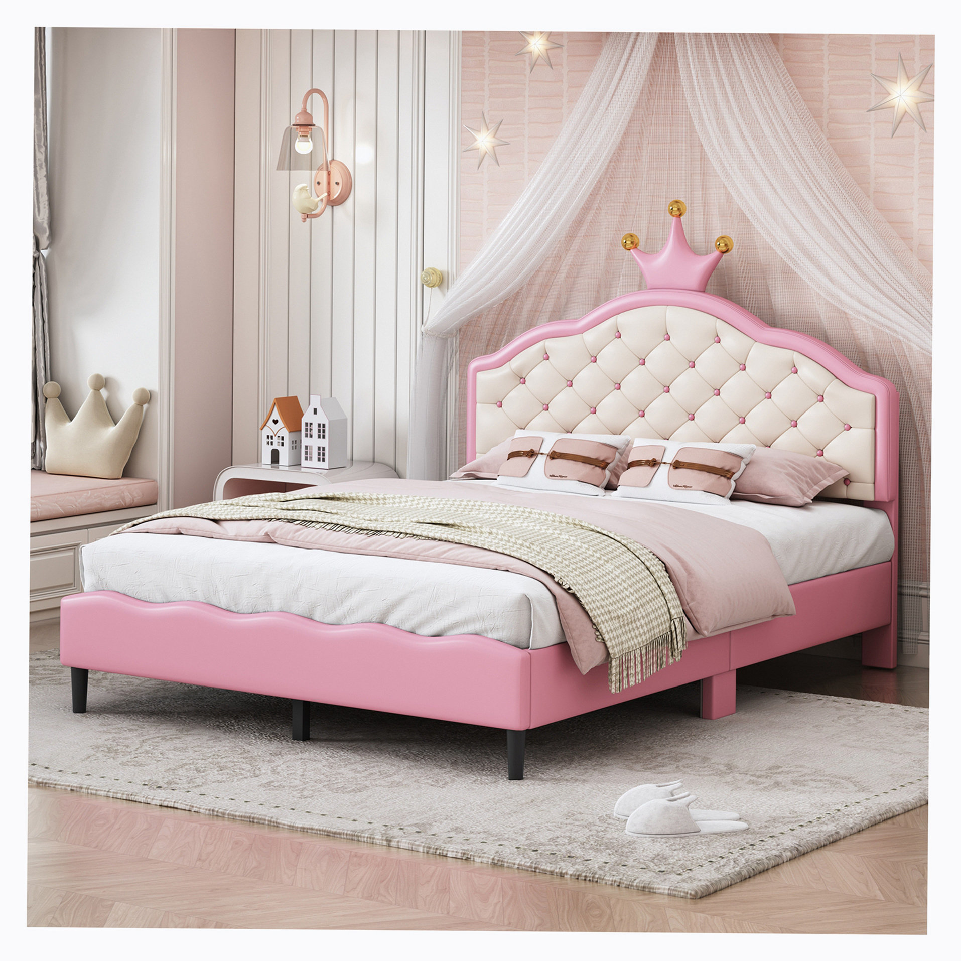 House of Hampton Twin Size Lovely Crown Fantasy PU Leather Princess Bed ...