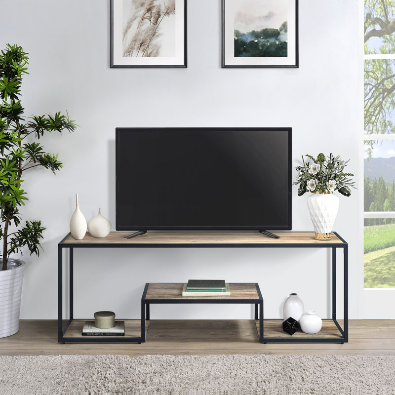 17 Stories Eduino Rustic Oak and Black TV Stand with 3 Shelves | Wayfair